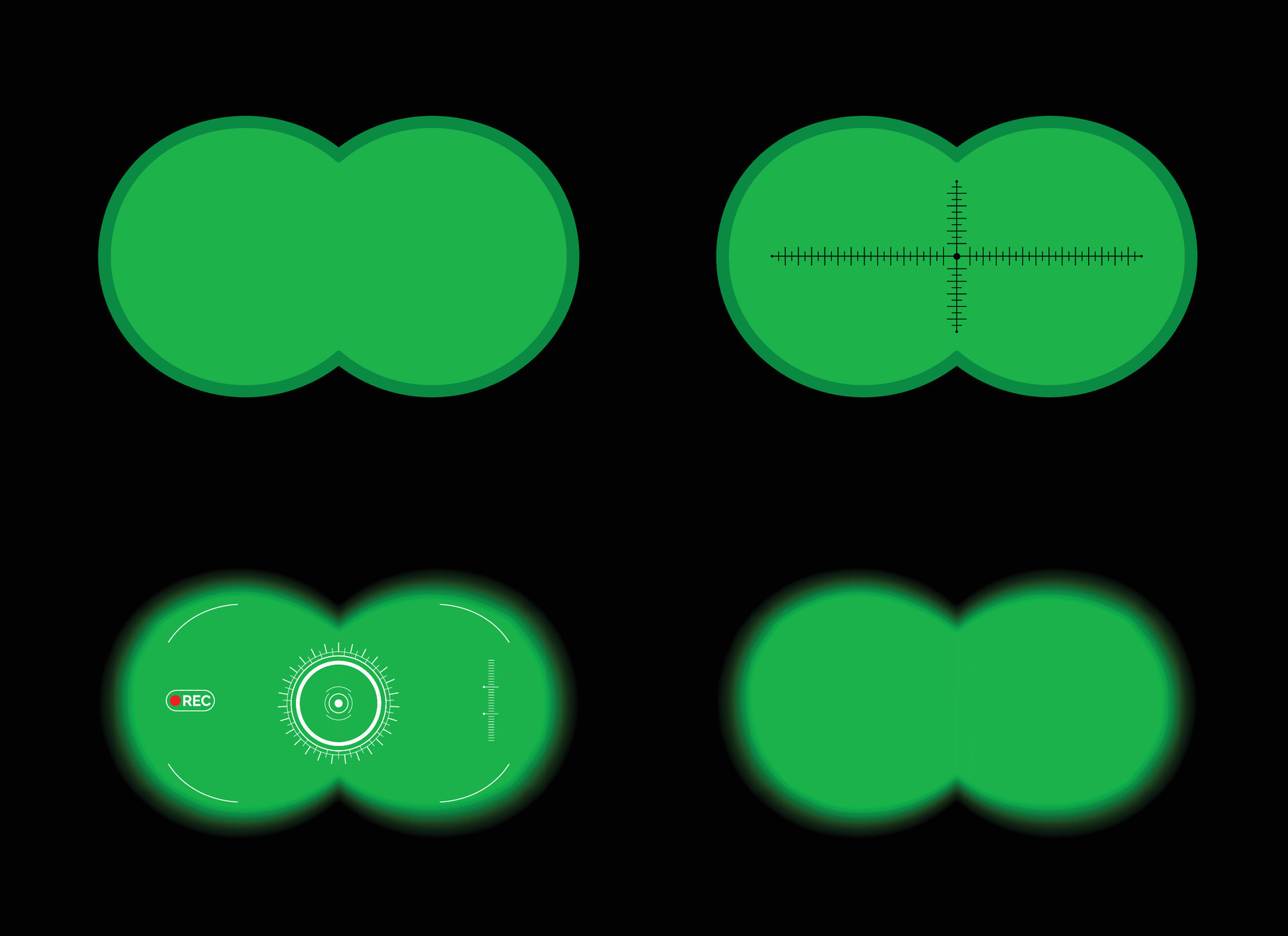 Set of binoculars view with green screen, high tech optical binocular aim sight and zoom frame ...