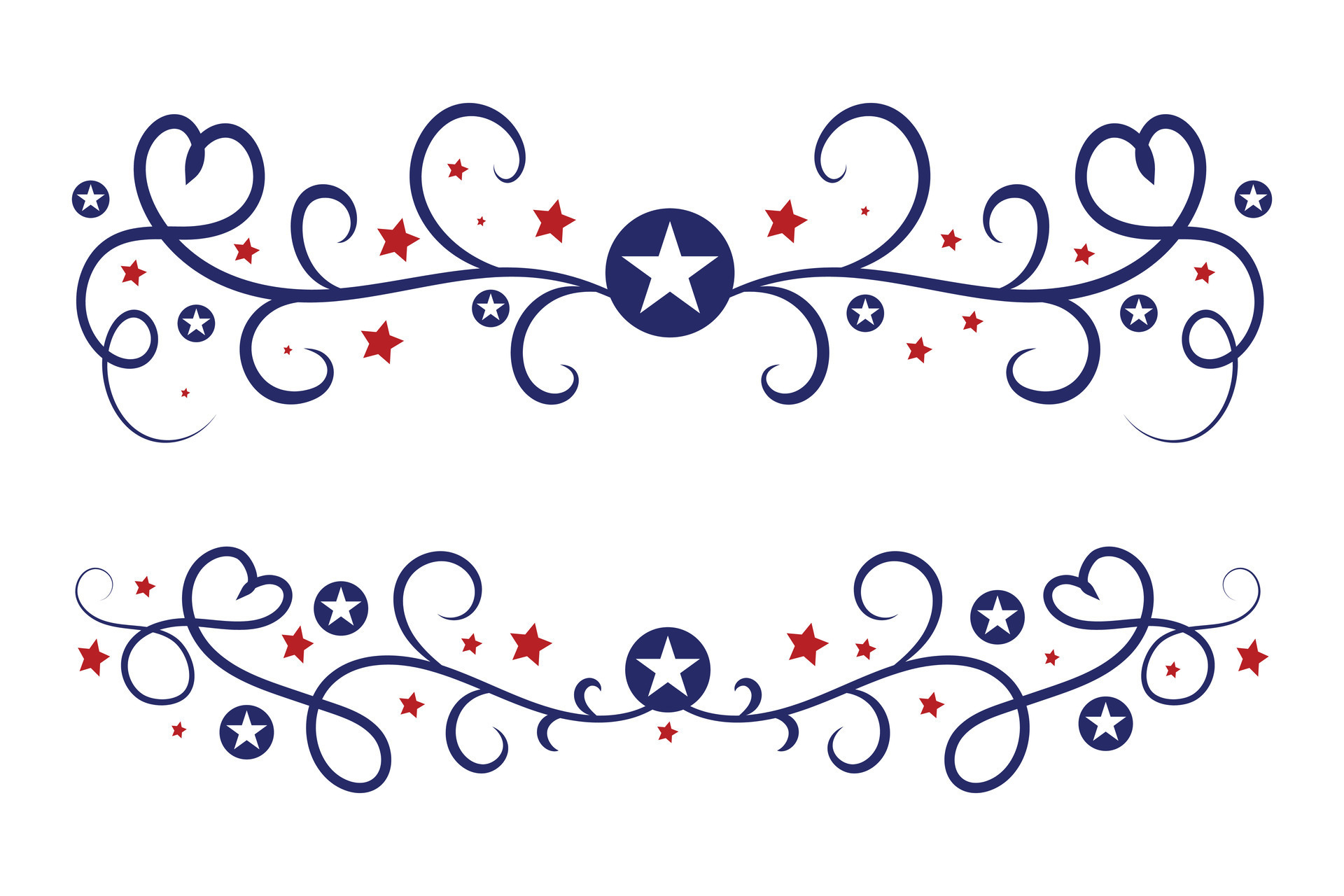 4th of July lettering header Ornate swirls, patriotic red stars, and ...
