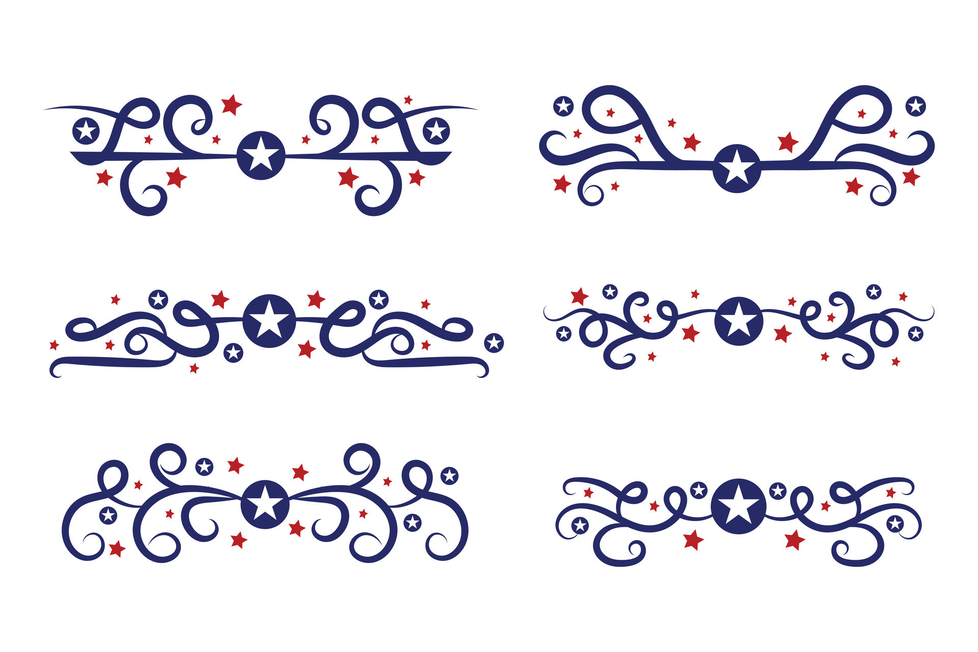 4th of July lettering header Ornate swirls, patriotic red stars, and ...