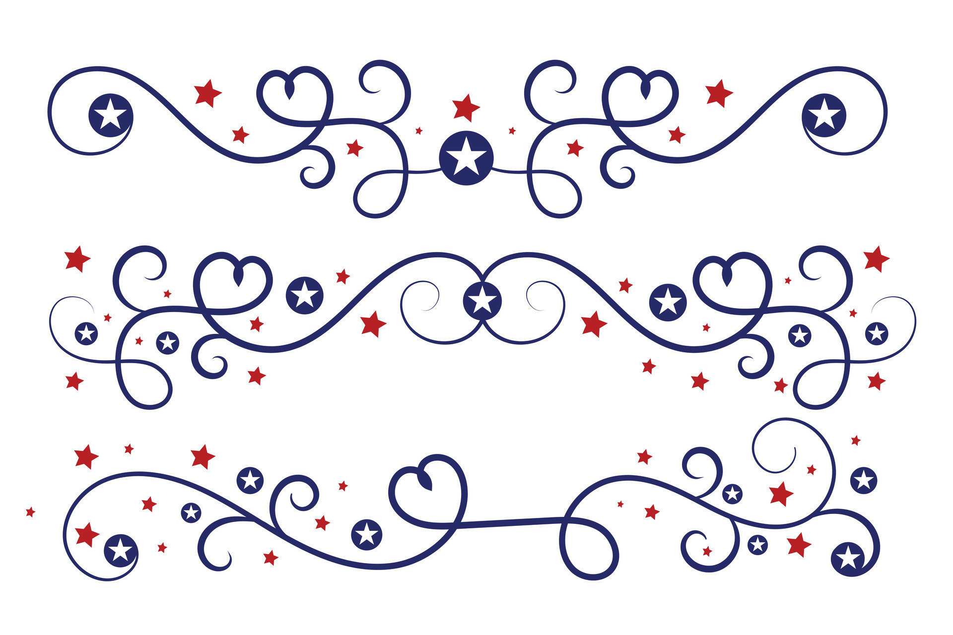 4th of July lettering header Ornate swirls, patriotic red stars, and ...
