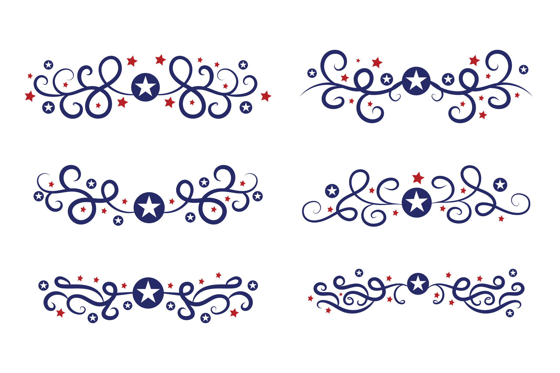 4th of July lettering header Ornate swirls, patriotic red stars, and ...