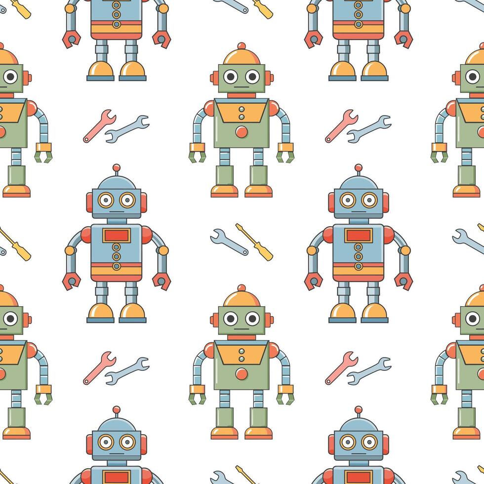 Seamless pattern of cartoon characters robots and droids. Background from cute children's robot ...