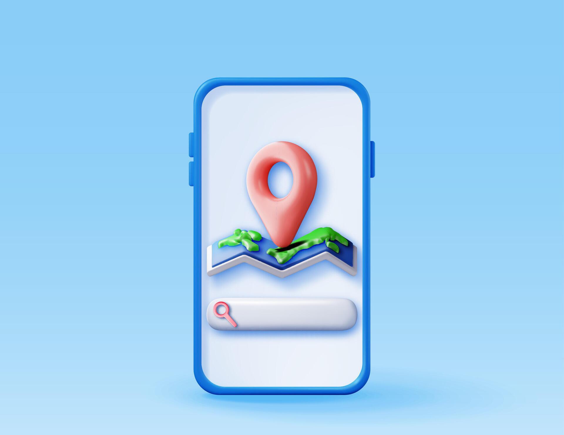 3D location folded paper map, search bar and pin on mobile phone. Red GPS pointer marker icon ...