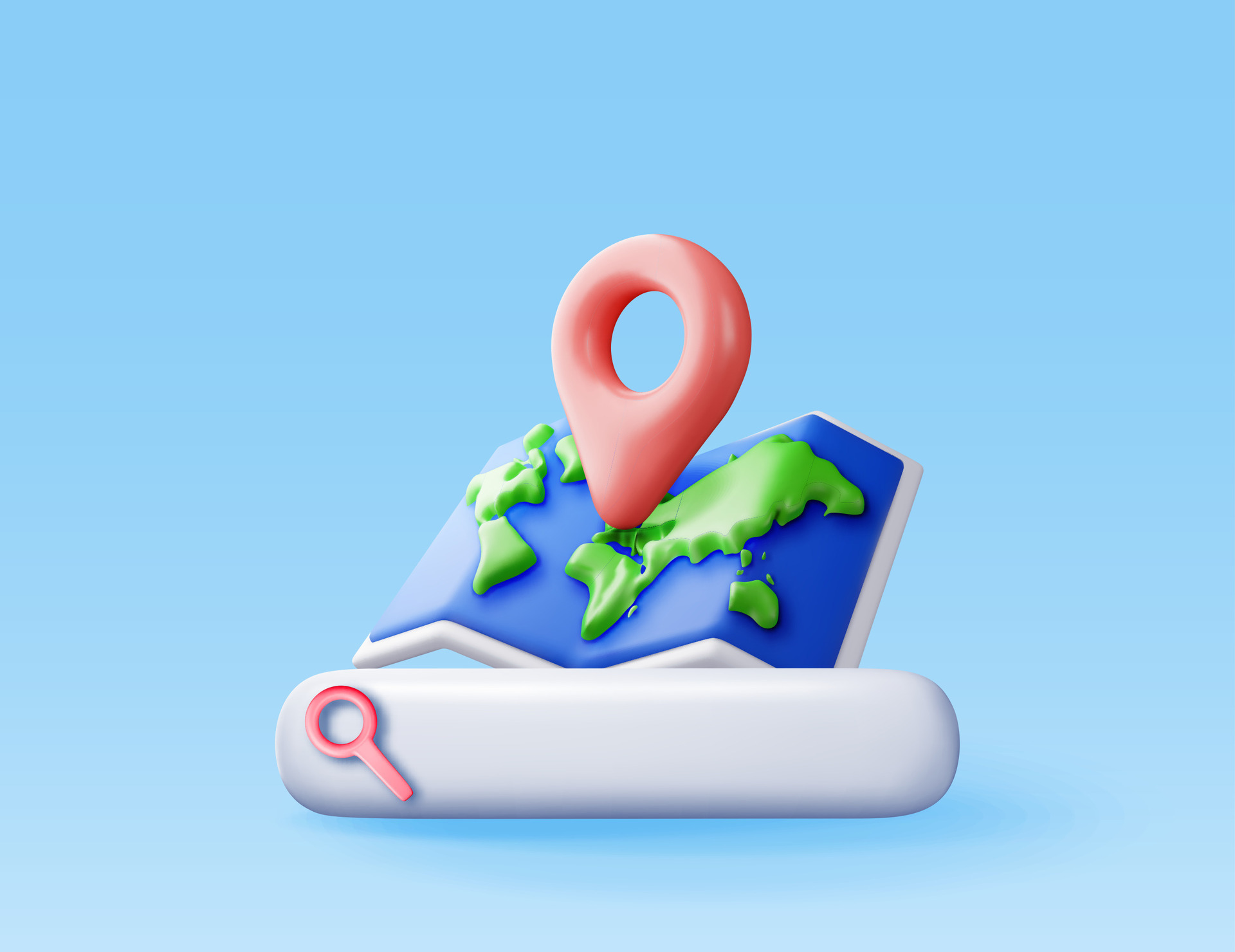 3D location folded paper map, search bar and pin isolated. Red GPS pointer marker icon. Render ...