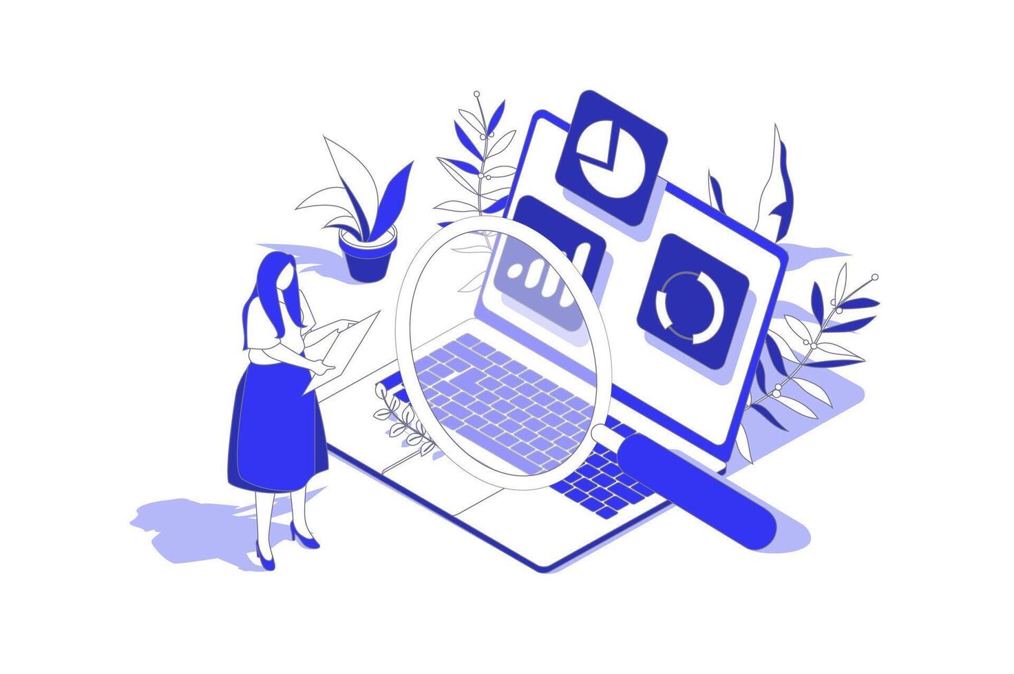 Data analysis 3d isometric concept in isometry graphic design for web. People scene with woman ...