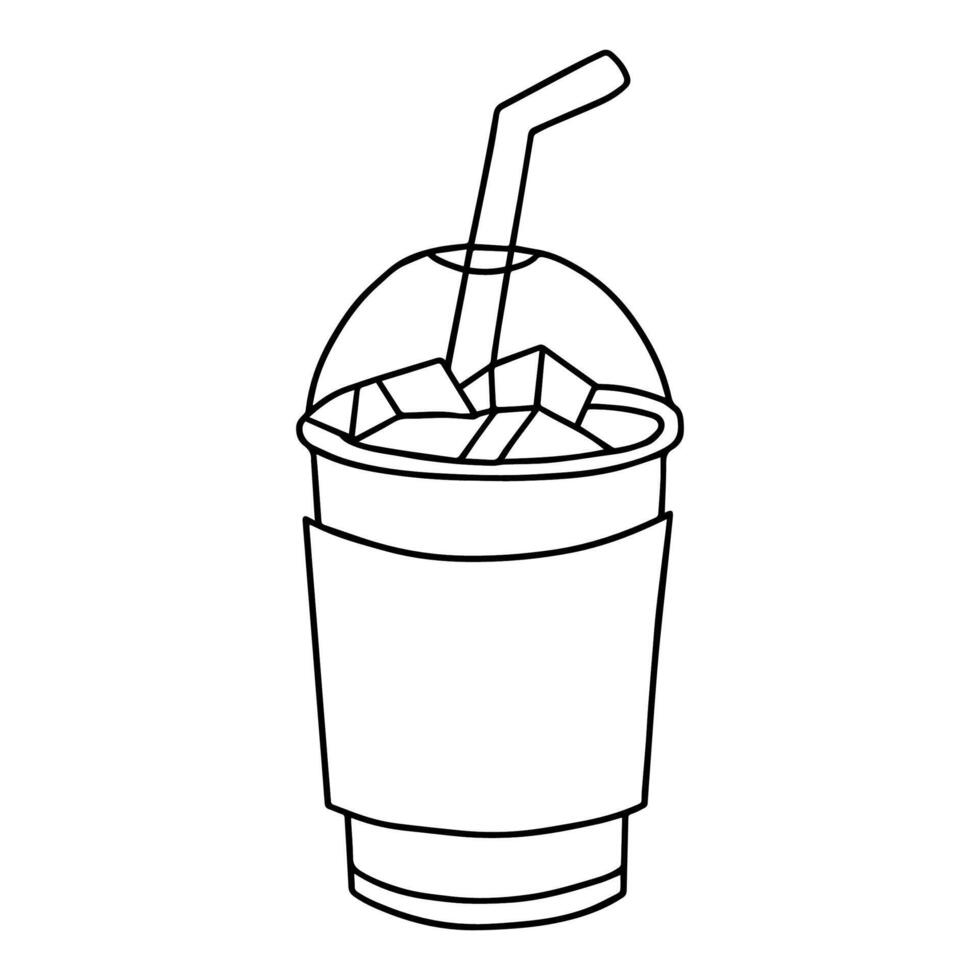 translucent cup filled with ice cubes and a straw doodle outline drawing. simple Black line ...