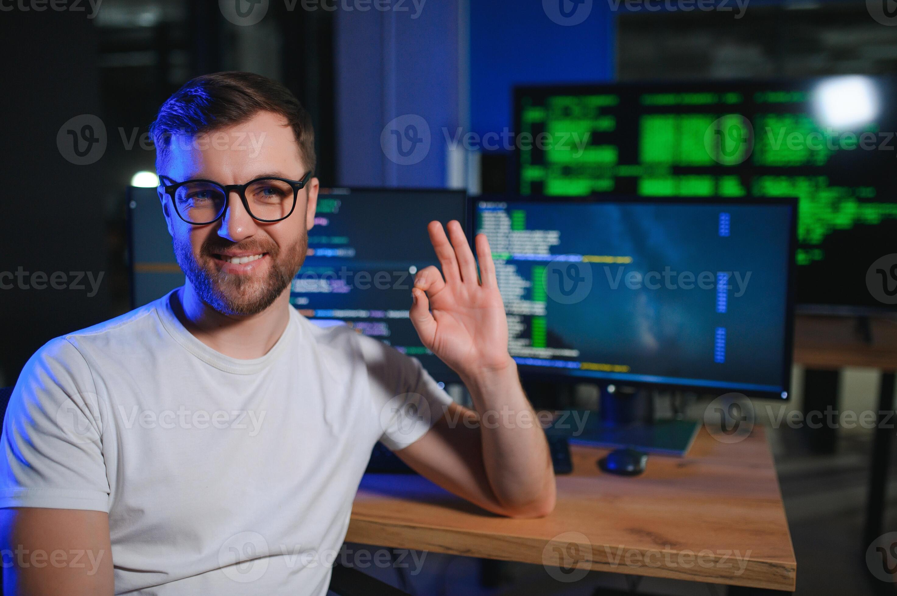 IT technician person with technology for typing code, future and data ...