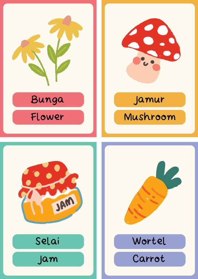 flat design learn Indonesian English language flash card printable ...