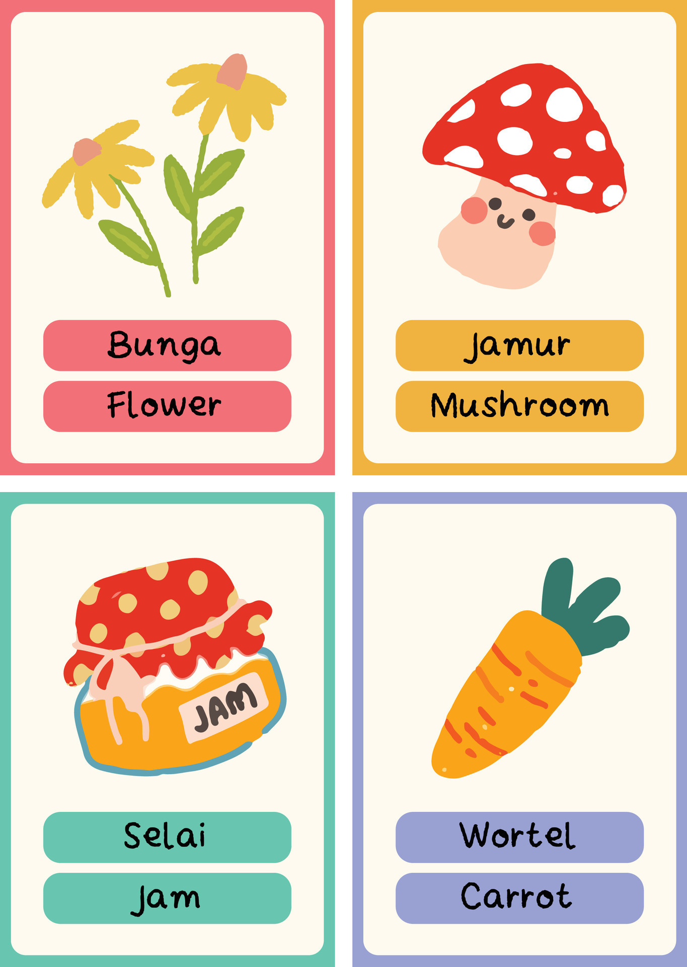 flat design learn Indonesian English language flash card printable ...