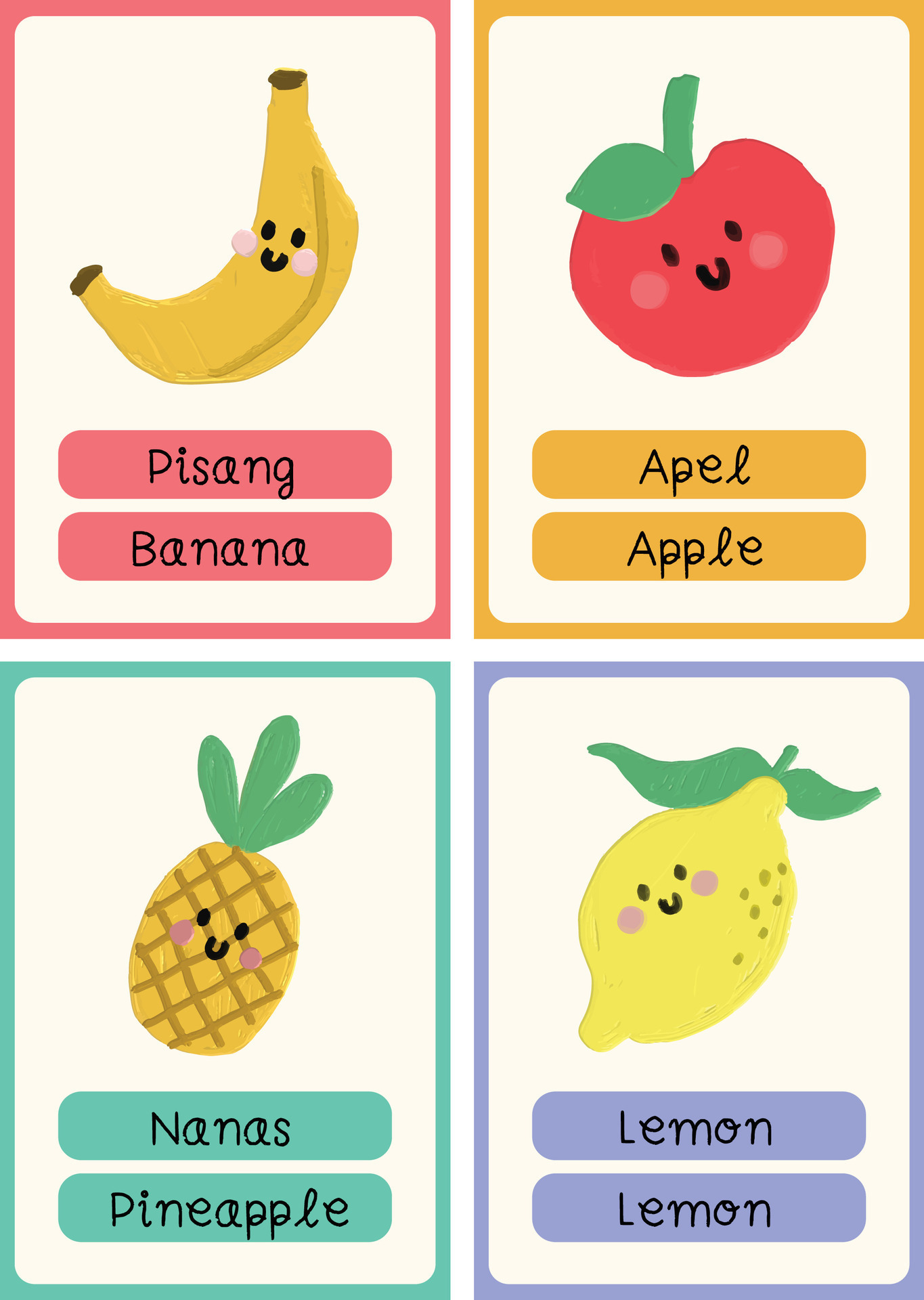 flat design learn Indonesian English language flash card printable ...