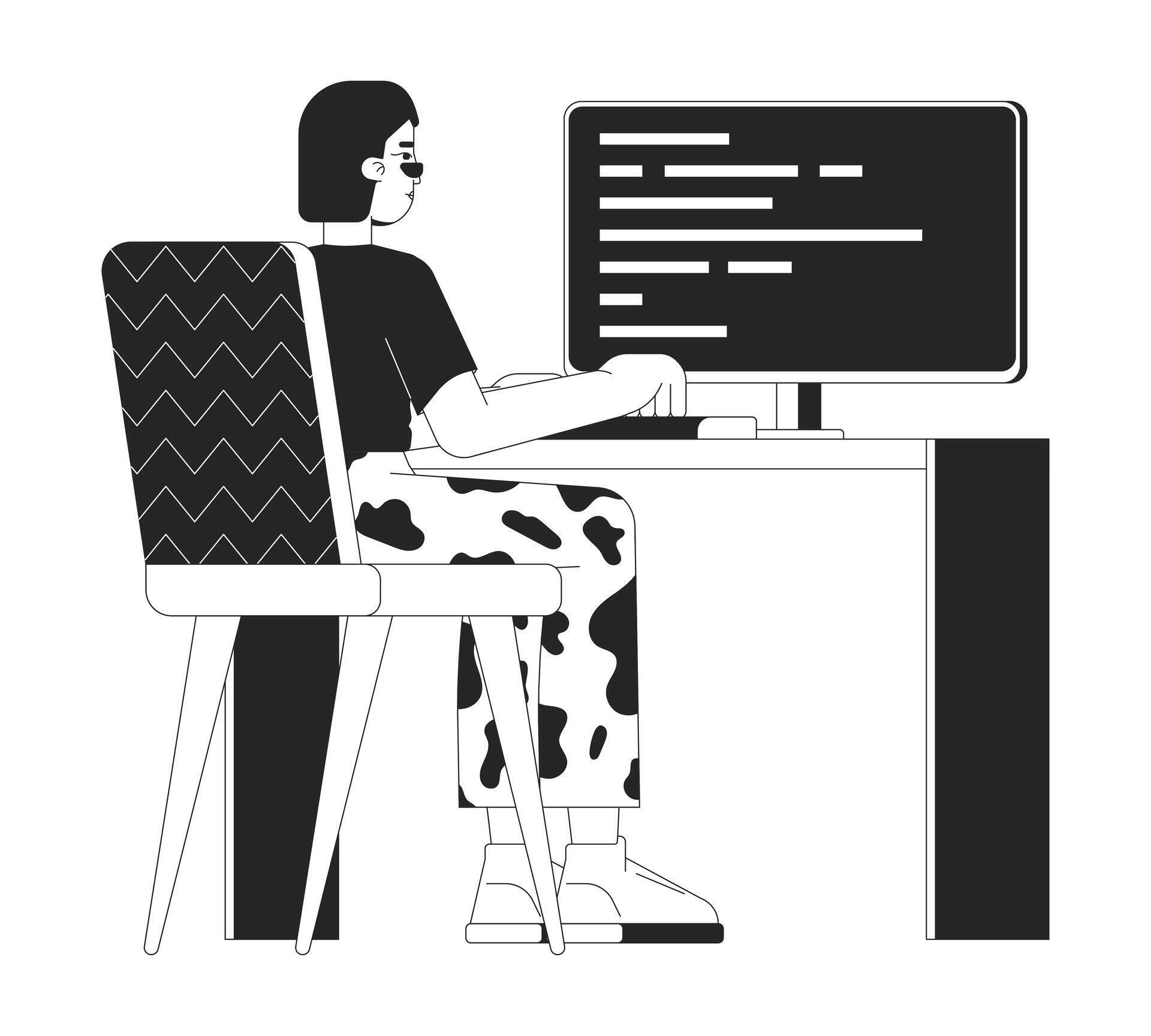 Female web developer at work black and white 2D line cartoon character. Asian woman writing code ...