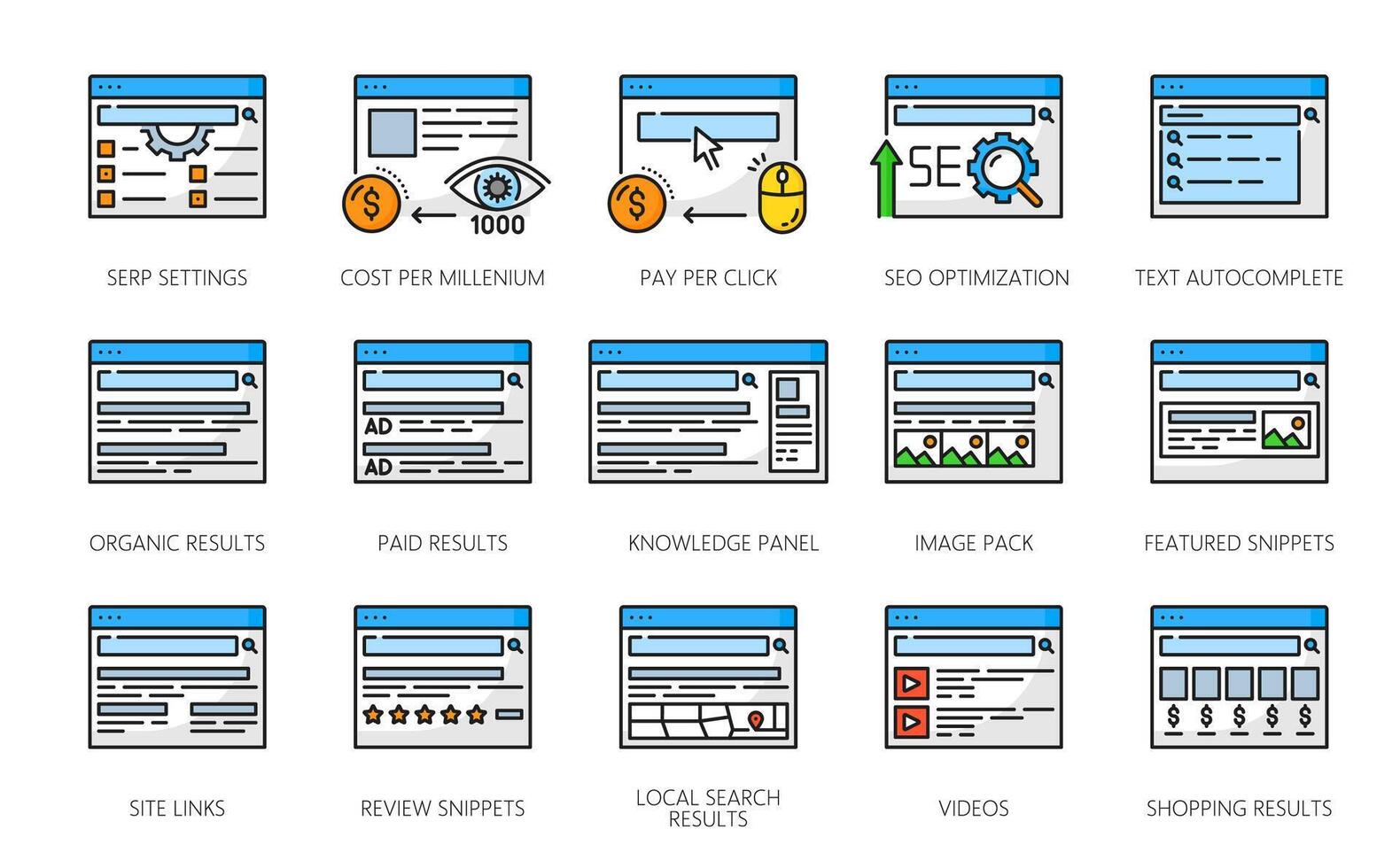 SERP icons, search engine result page, web content 43344738 Vector Art ...