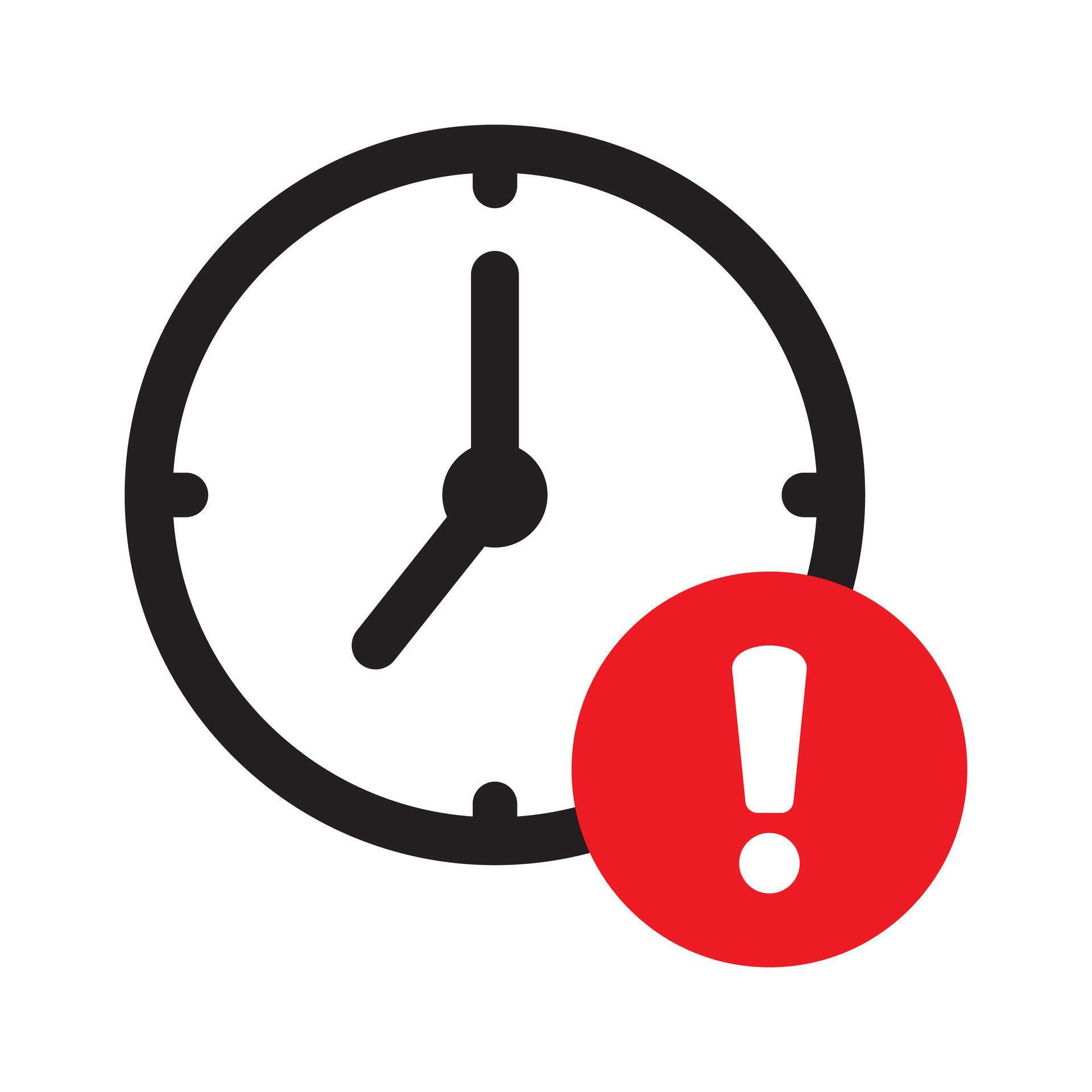 Clock time with exclamation mark. Expire icon. Delay symbol. Deadline ...