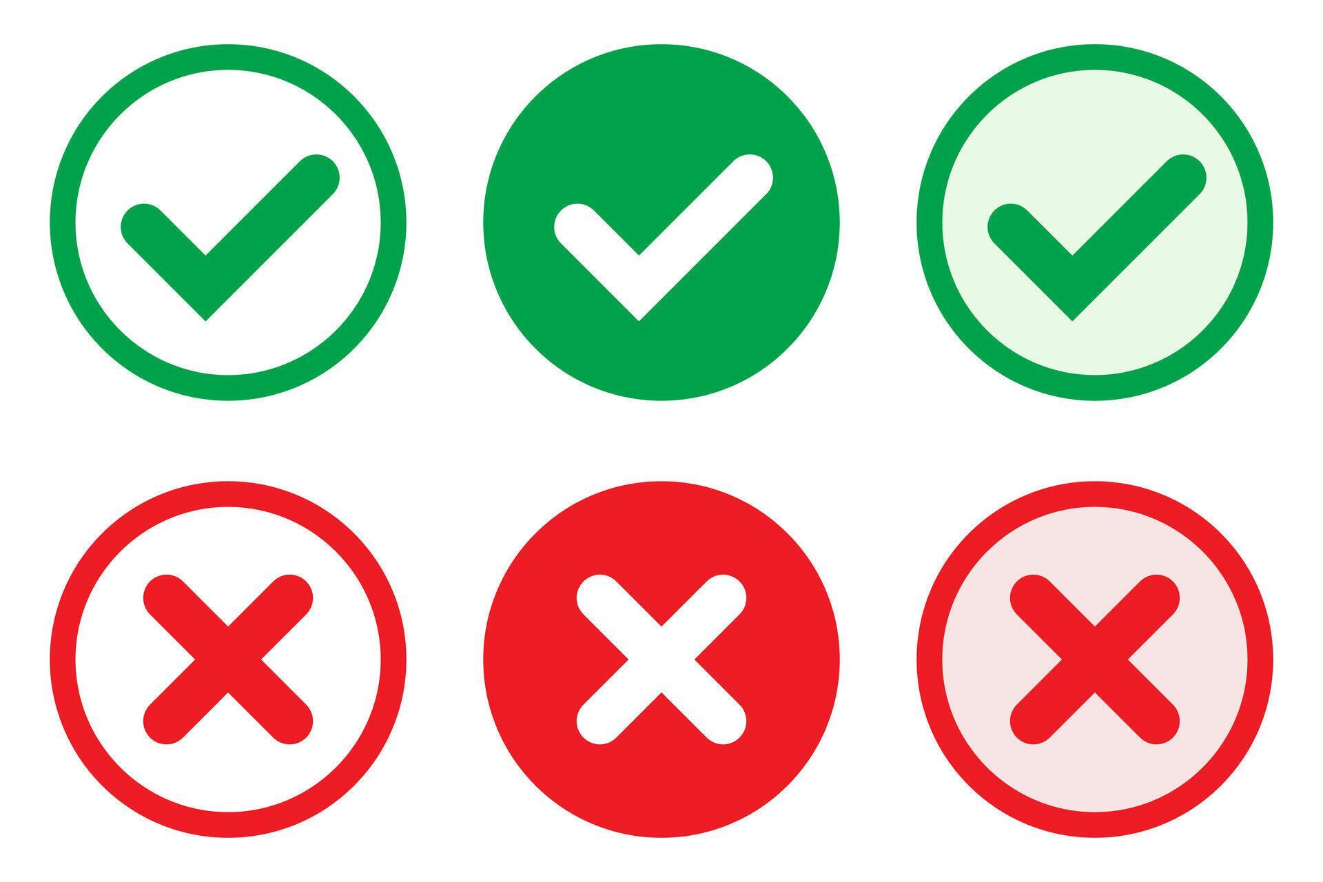 Right or wrong icons. Green tick and red cross checkmarks in circle flat icons. Yes or no symbol ...