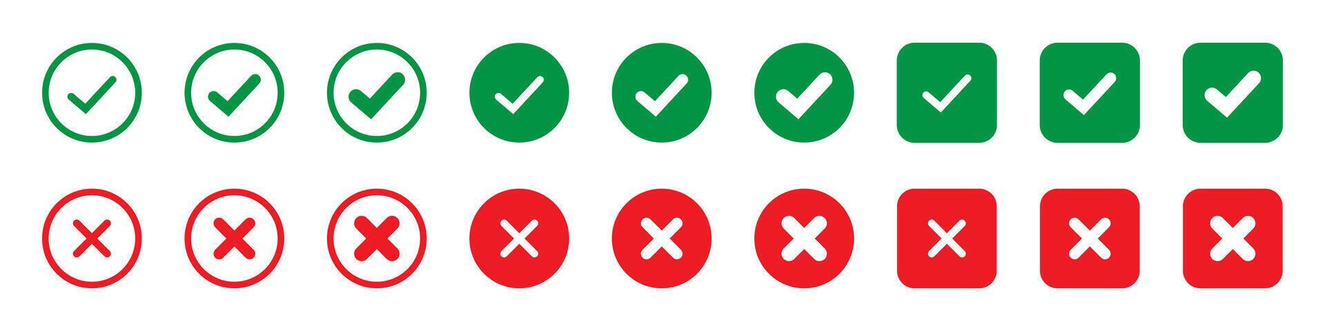 Right or wrong icons. Green tick and red cross checkmarks in circle flat icons. Yes or no symbol ...