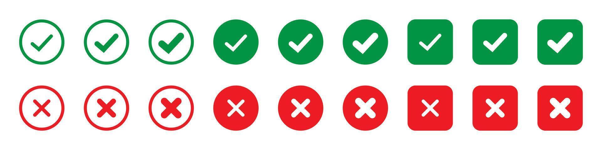Right or wrong icons. Green tick and red cross checkmarks in circle flat icons. Yes or no symbol ...