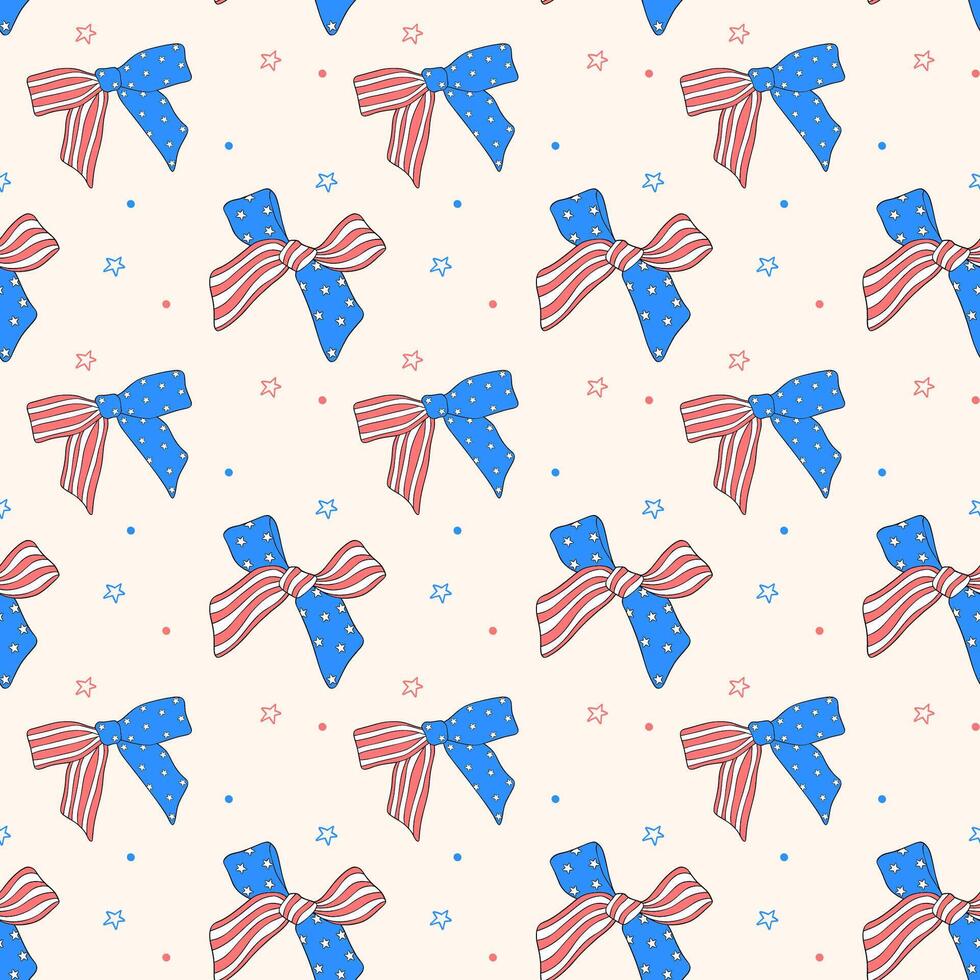 Coquette 4th of July ribbon bow seamless pattern trendy drawing repeating isolate on cream ...