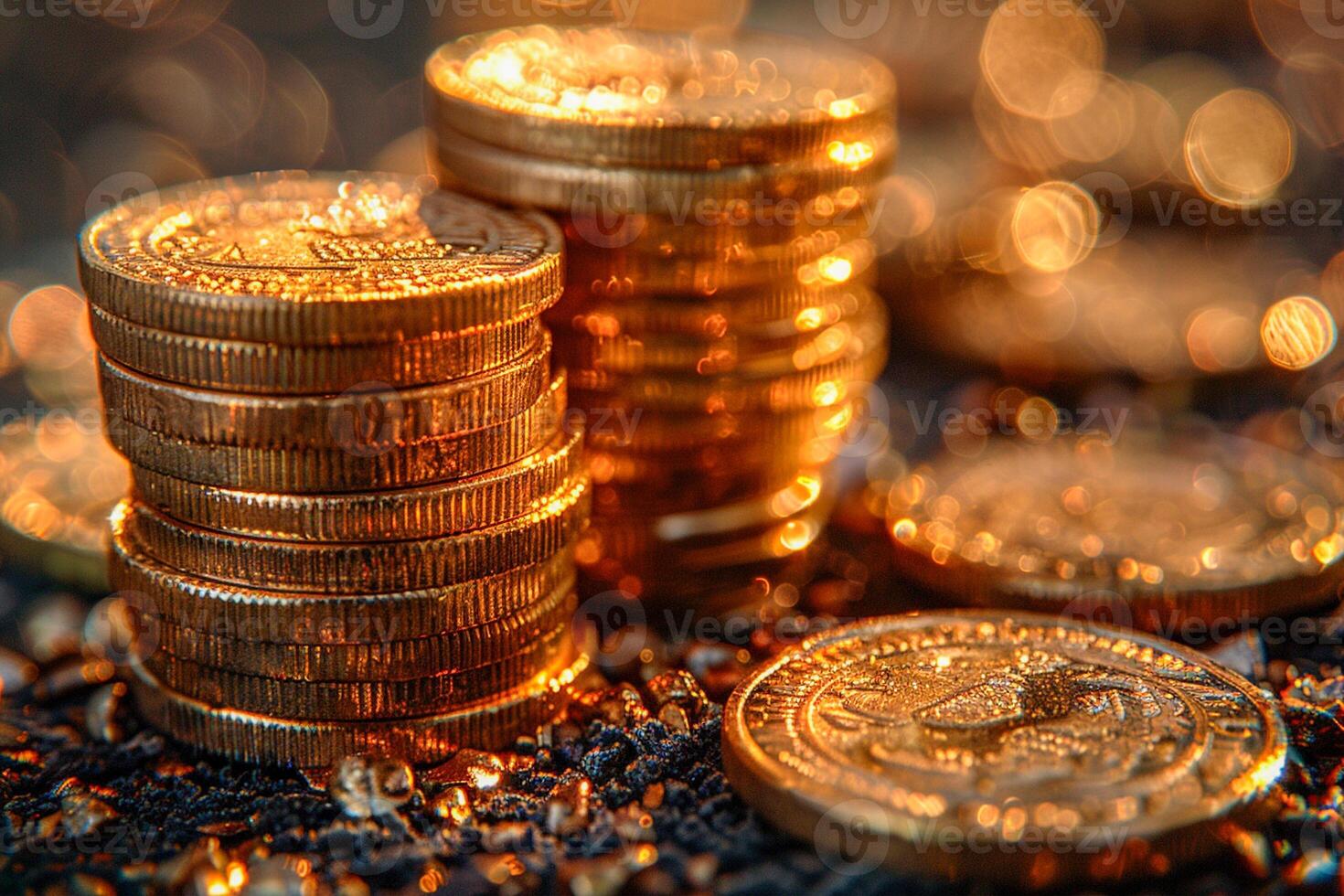 Multiple stacks of shiny gold coins on a surface with a warm background , 43512720 Stock Photo ...