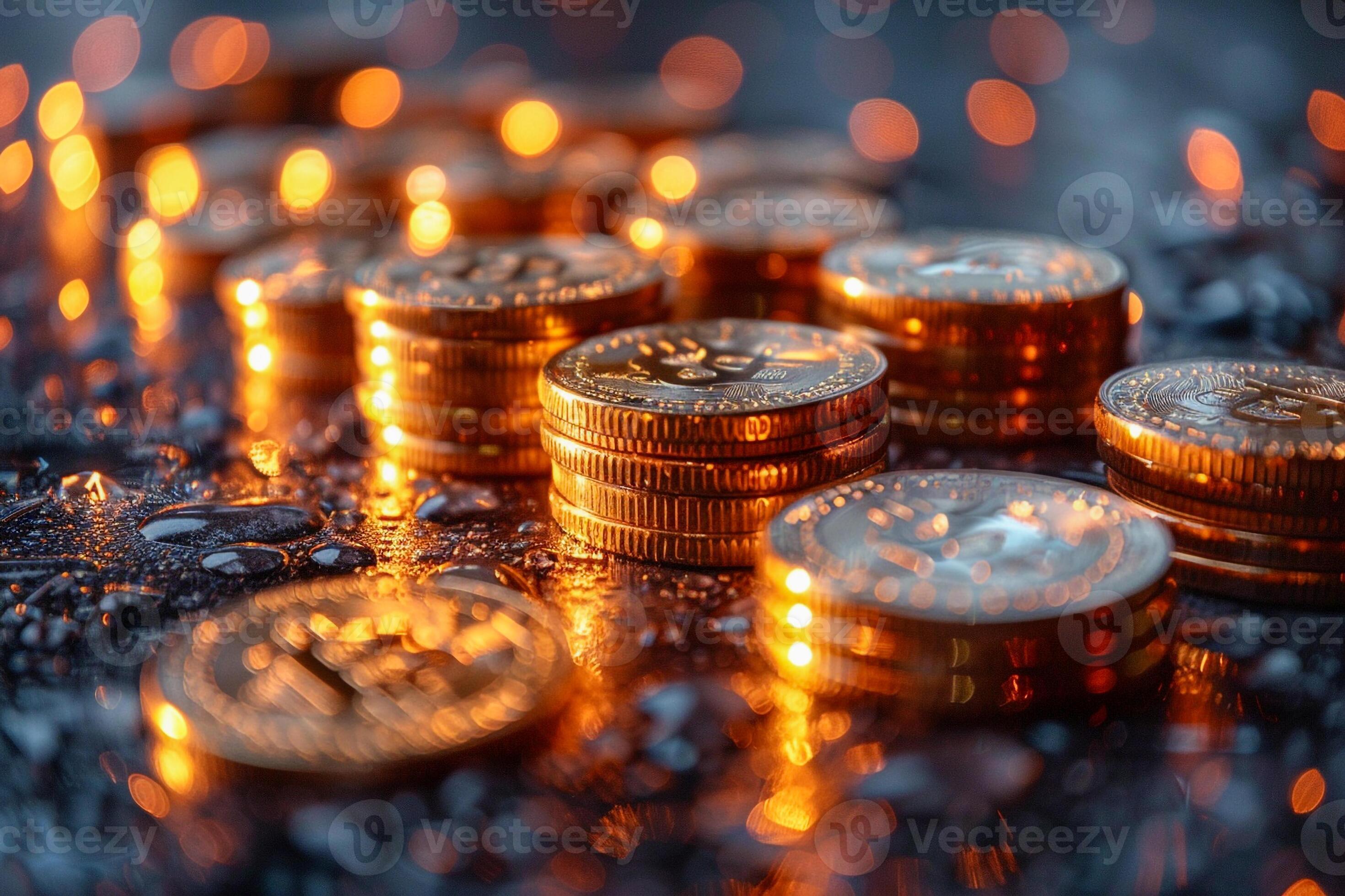 Multiple stacks of shiny gold coins on a surface with a warm background , 43512782 Stock Photo ...