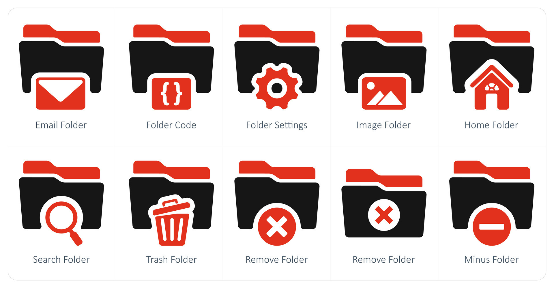 A set of 10 Folder icons as email folder, folder code, folder settings ...