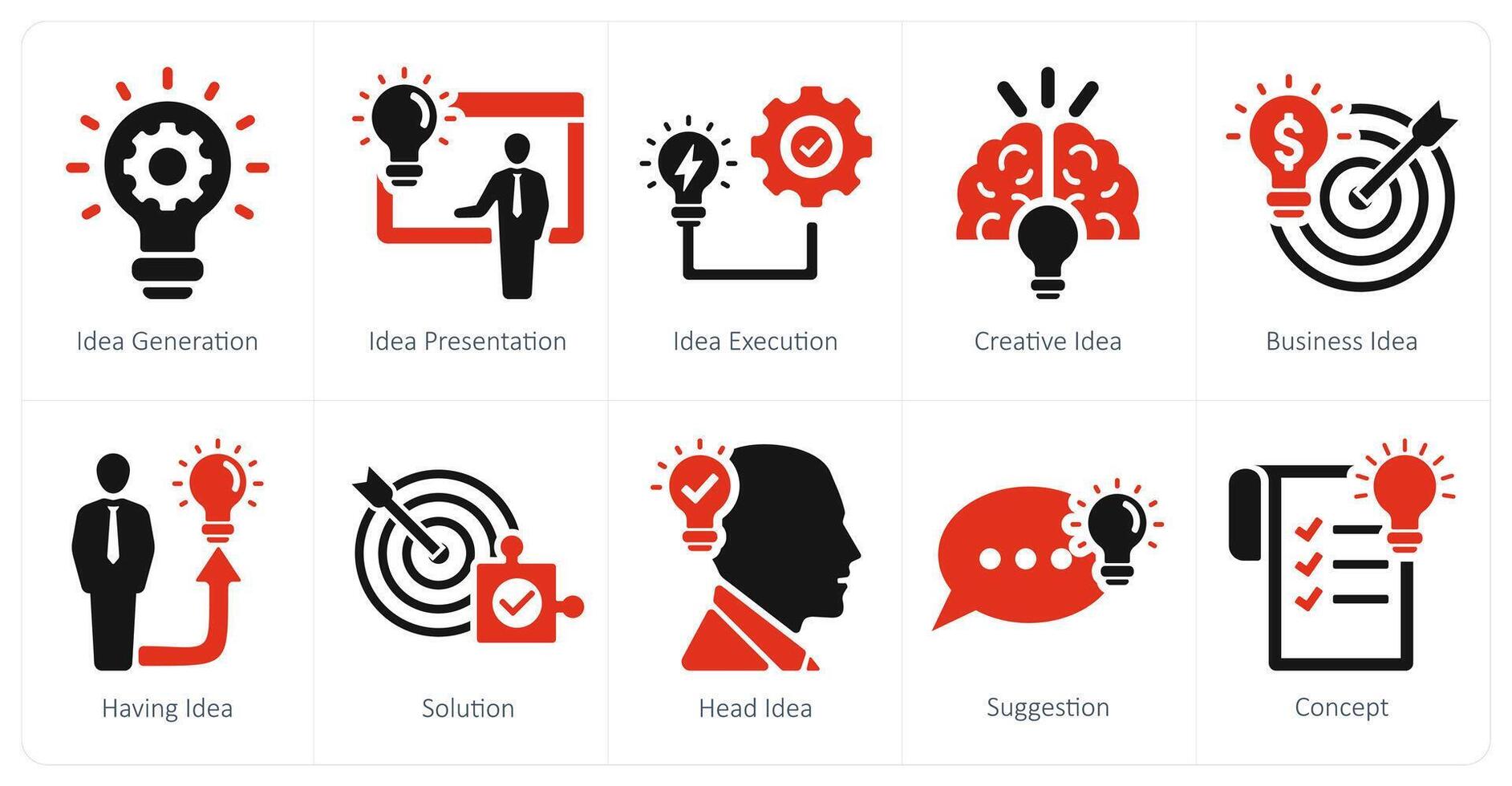 A set of 10 idea icons as idea generation, idea presentation, idea ...