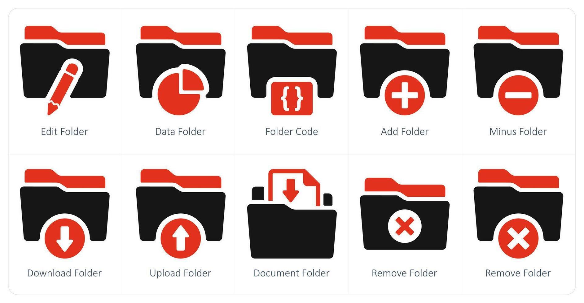 A set of 10 Folder icons as edit folder, data folder, folder code ...