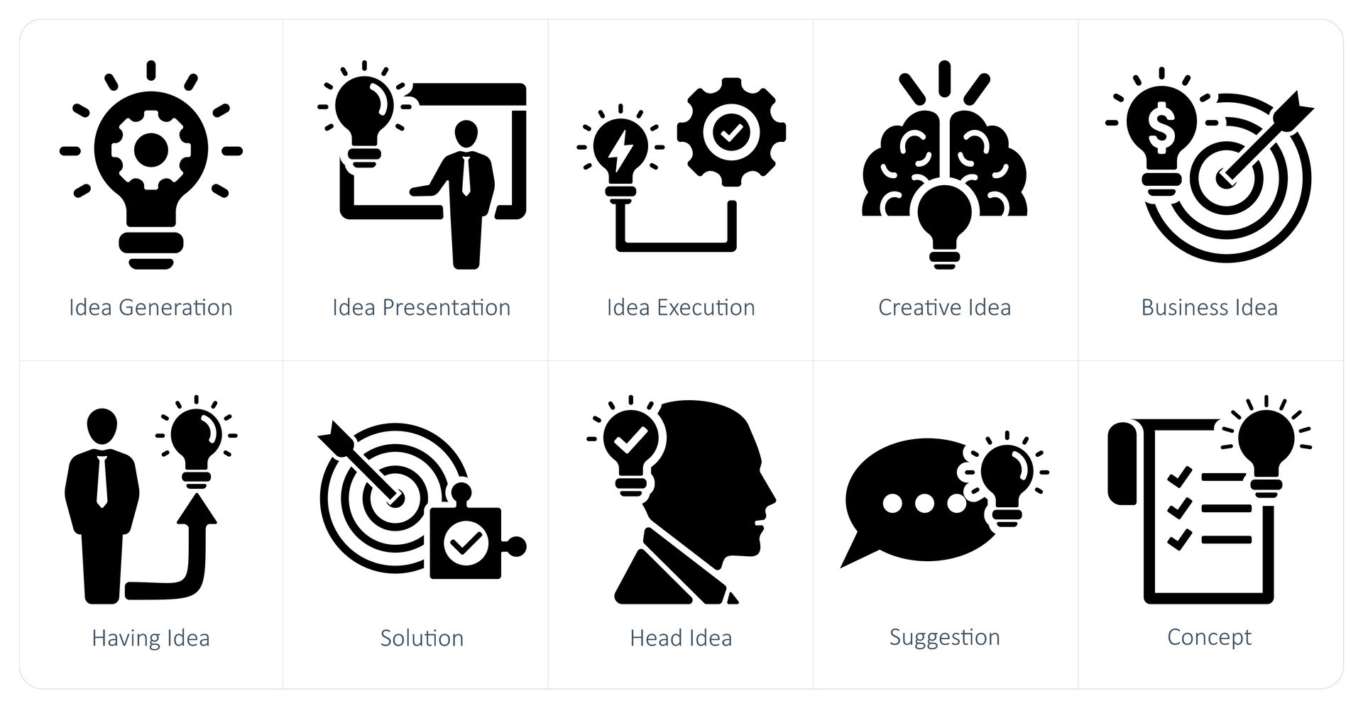 A set of 10 idea icons as idea generation, idea presentation, idea execution 43514693 Vector Art ...