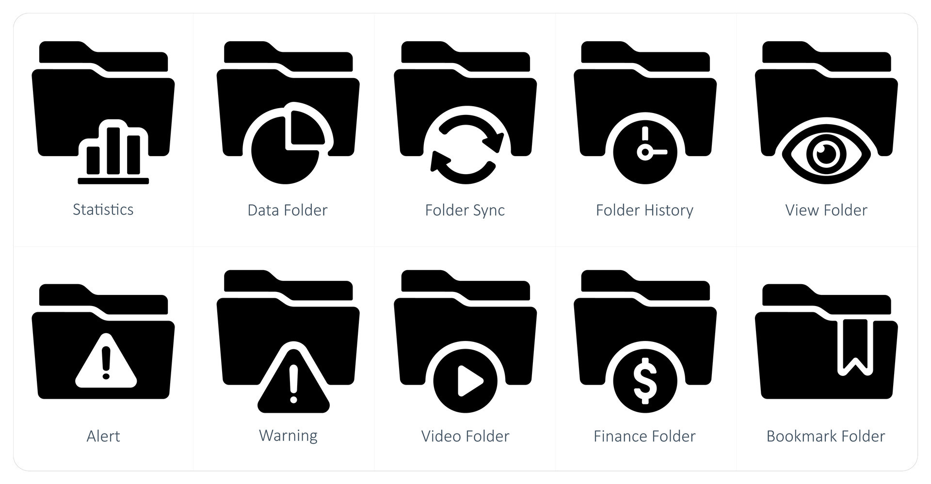 A set of 10 Folder icons as statistics, data folder, folder sync ...
