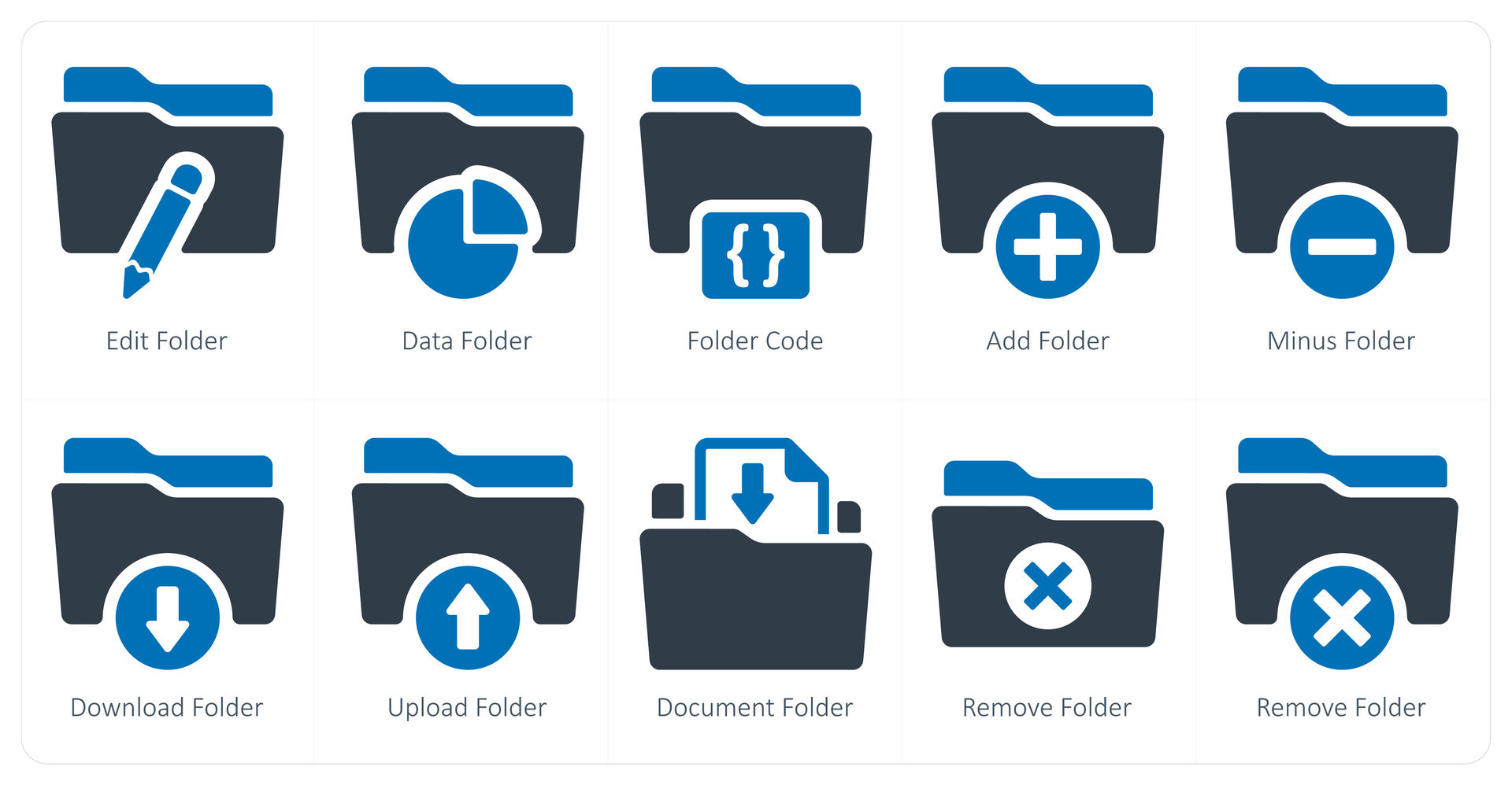 A set of 10 Folder icons as edit folder, data folder, folder code ...