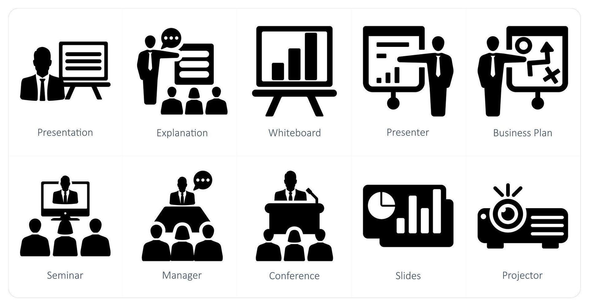 A set of 10 business presentation icons as presentation, explanation ...