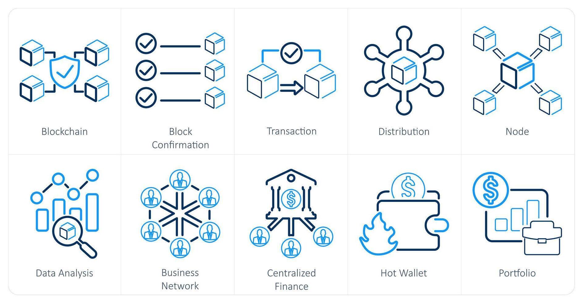 A set of 10 blockchain icons as blockchain, block confirmation ...