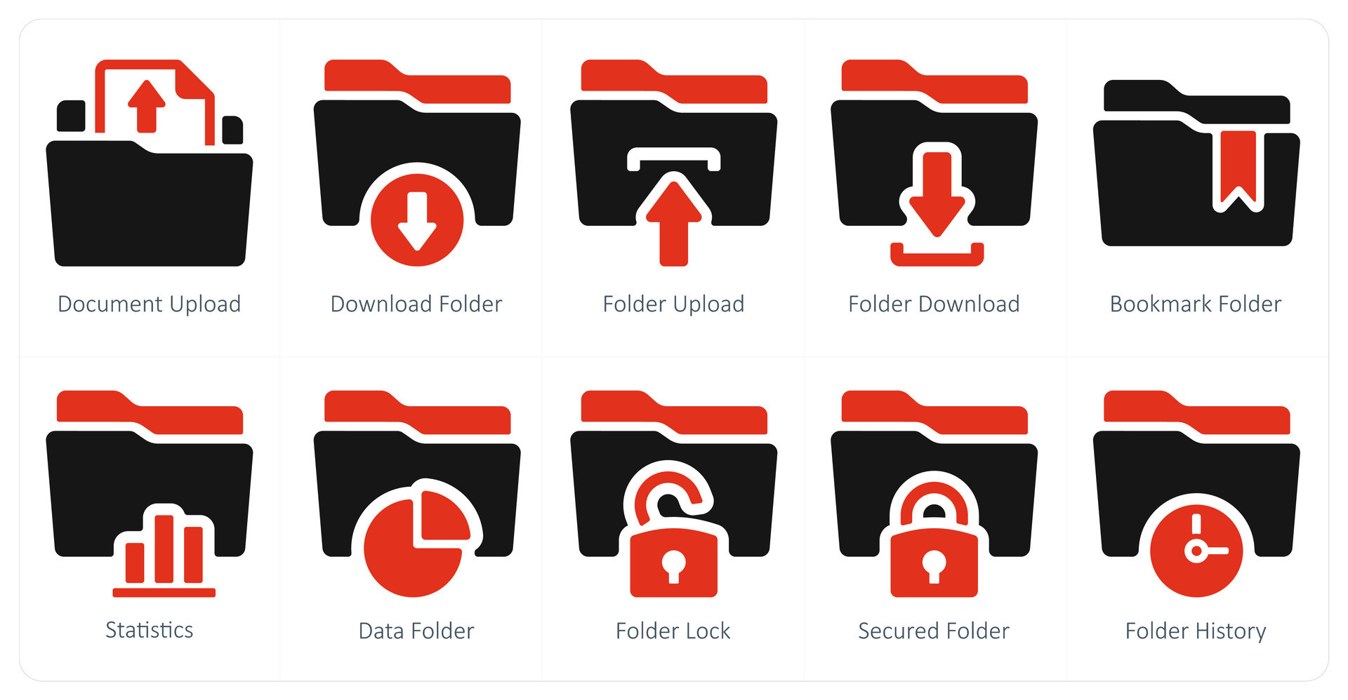 A set of 10 Folder icons as document upload, download folder, folder ...