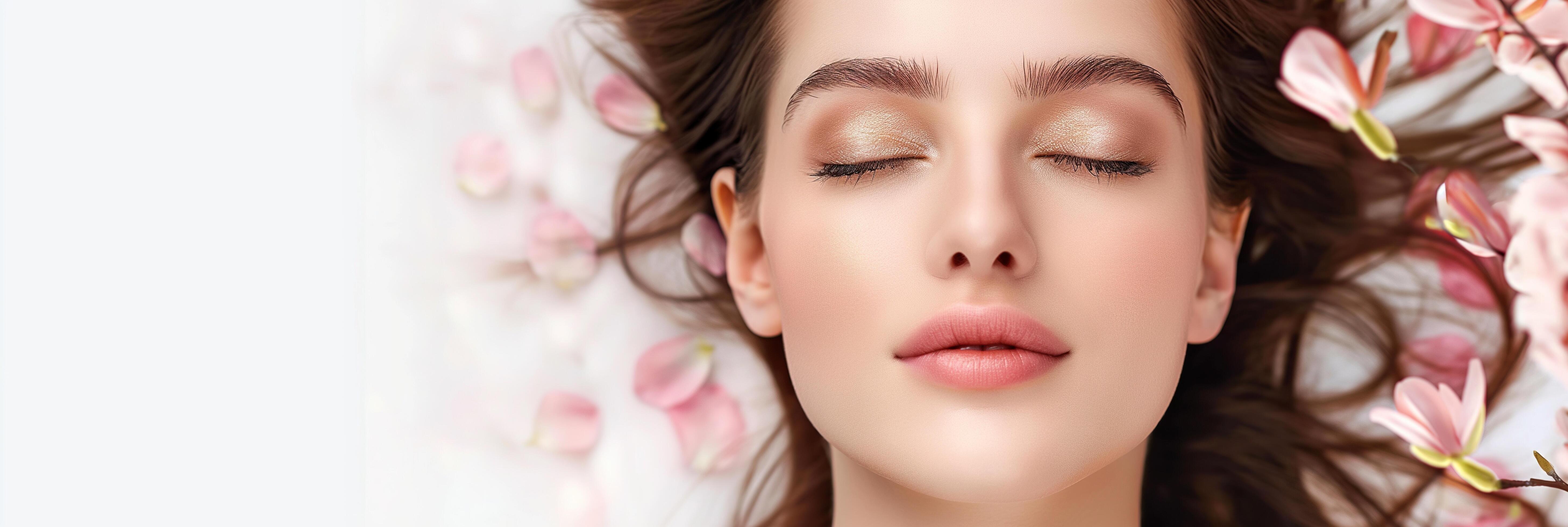 Serene beauty banner background, portrait with closed eyes surrounded ...