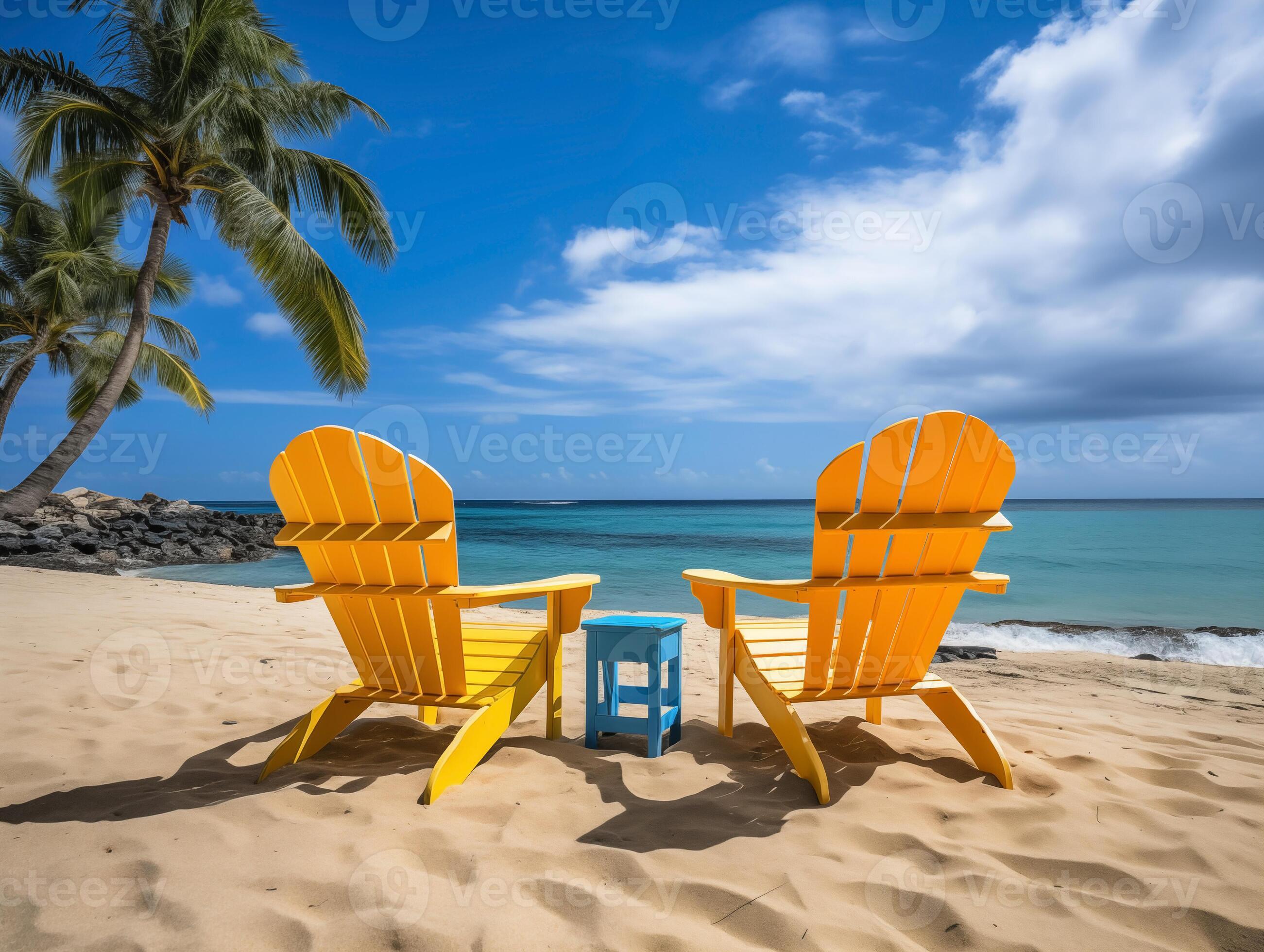Yellow beach chairs facing the ocean on a sandy beach with palm trees. Summer vacation concept 43536591 Stock Photo at Vecteezy