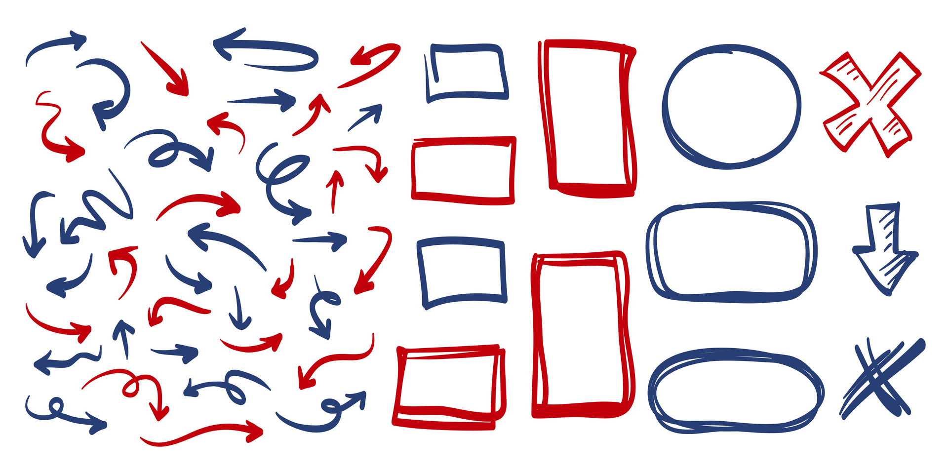 Hand drawn design elements set. arrows, box, circle line scribble. doodle abstract use for ...