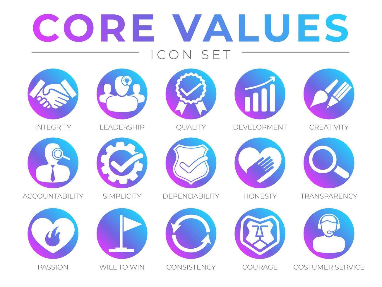 Neon Web Company Core Values Round Web Icon Set. Integrity, Leadership ...