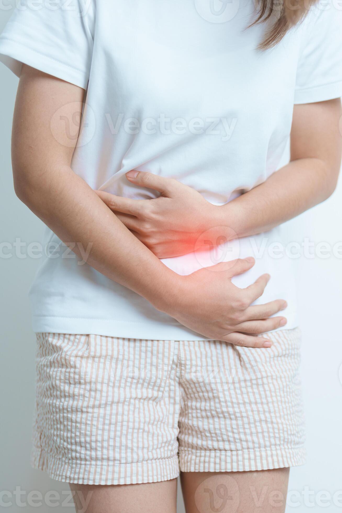 Woman having Stomach pain. Ovarian and Cervical cancer, Cervix disorder, Endometriosis ...