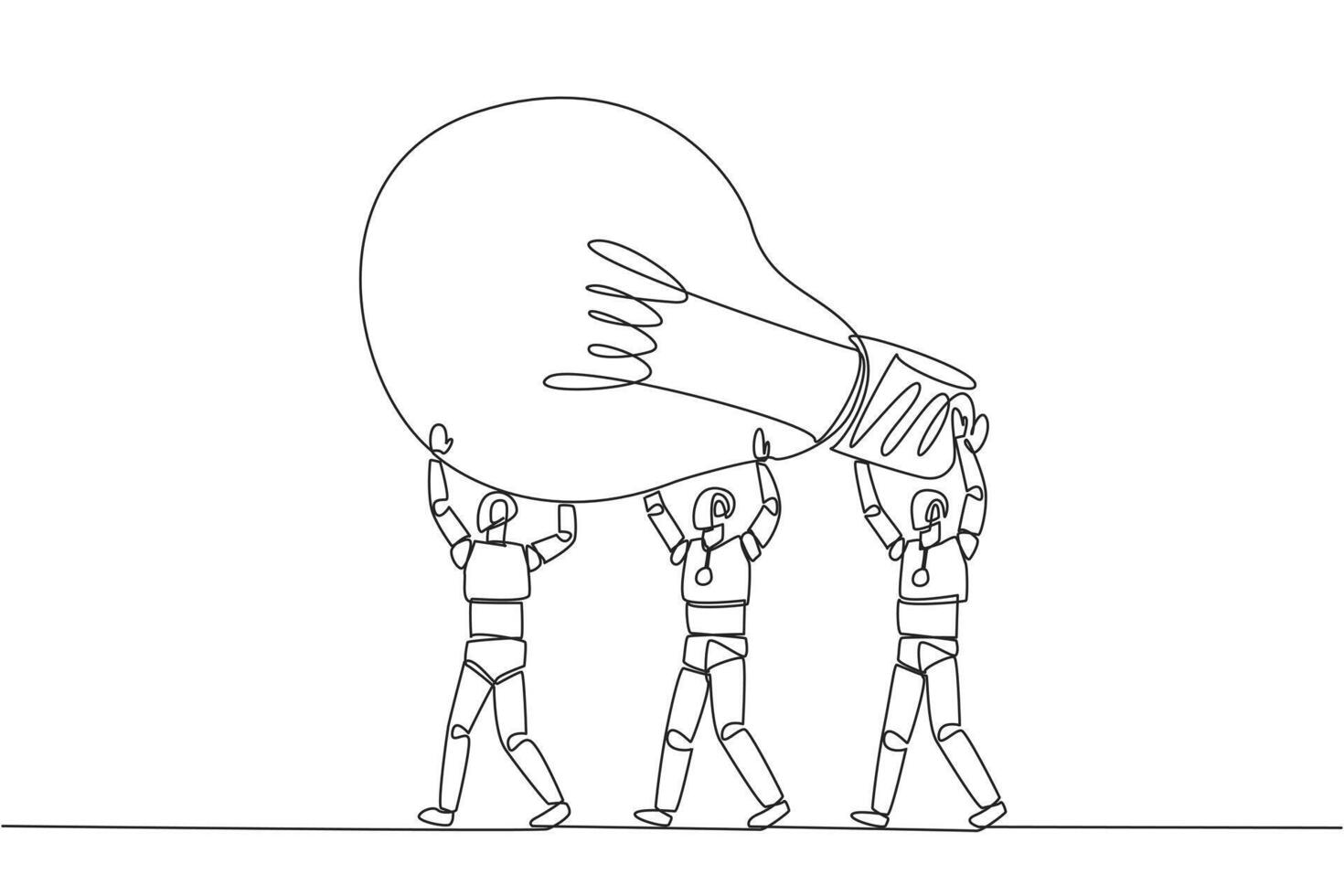 Single one line drawing a group of robots work together to carrying a lightbulb. Amazing ...