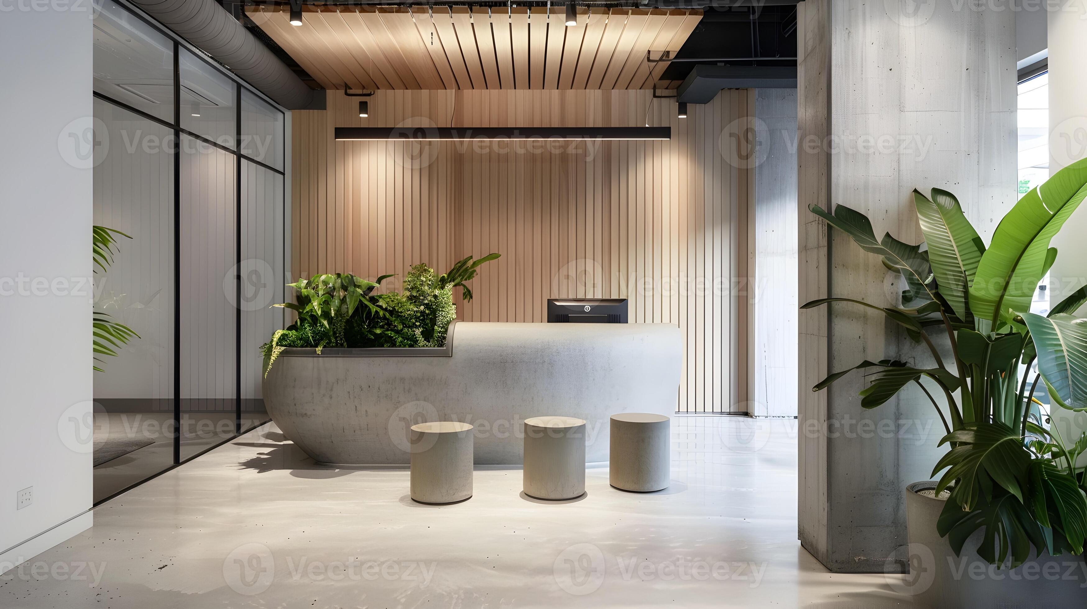 Minimalist and Modern Lobby Design with Lush Greenery and Concrete Accents 43765118 Stock Photo ...