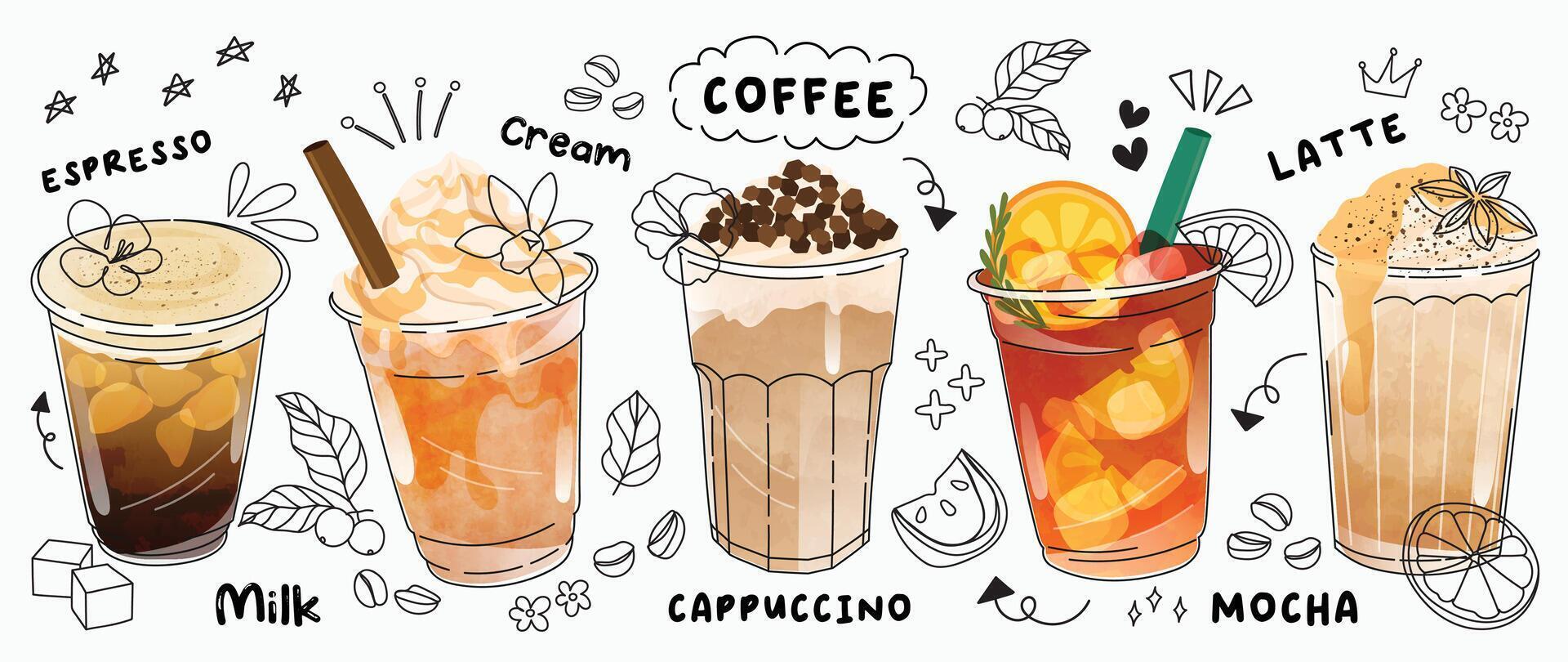 Hot and cold coffee beverage with cute doodle decoration. Espresso, americano cup, cappuccino ...