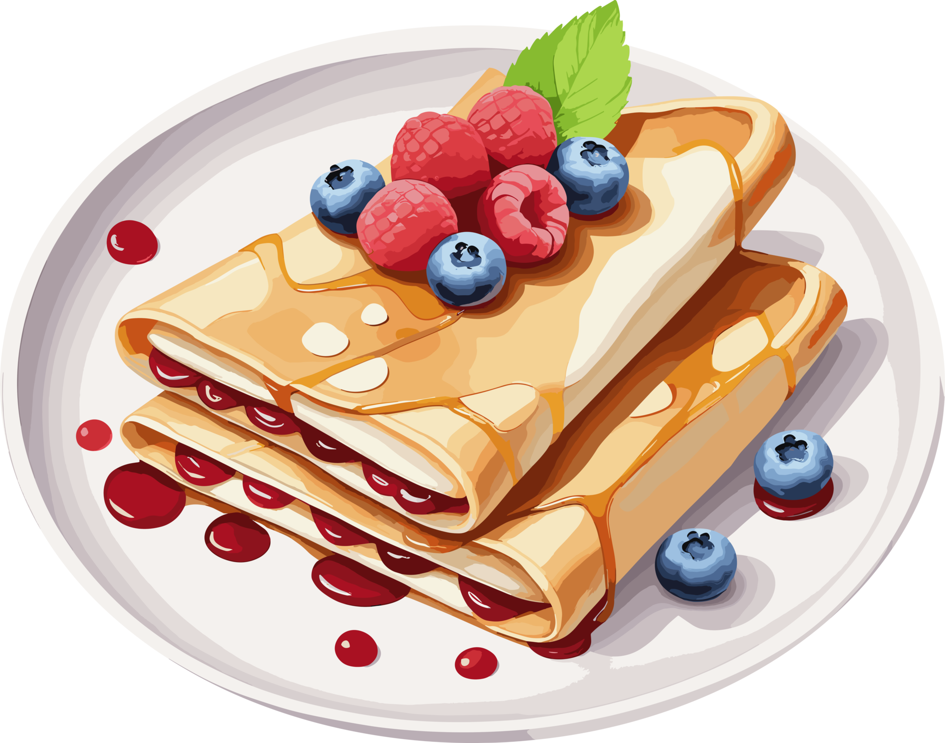 Watercolor Style Of Delicious Crepes With Berry Fruits And Sauce Isolated Clipart Design