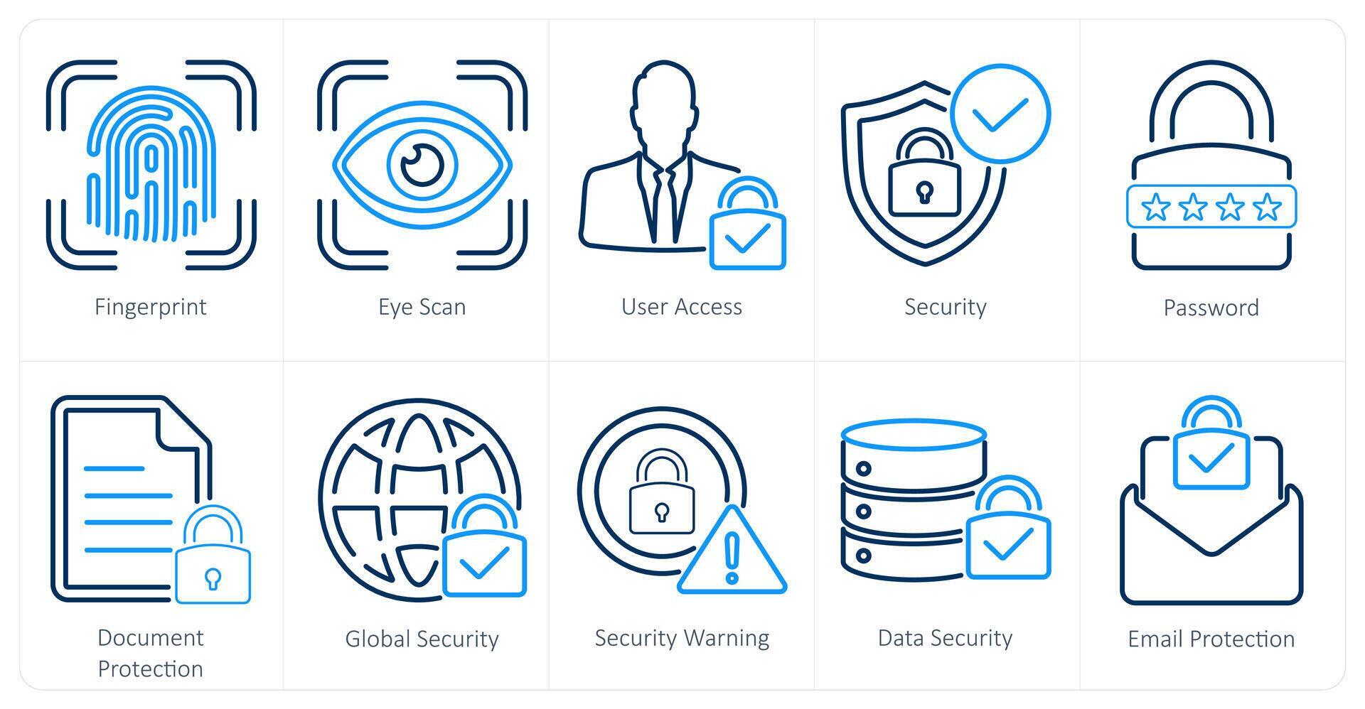 A set of 10 cyber security icons as fingerprint, eye scan, user access ...