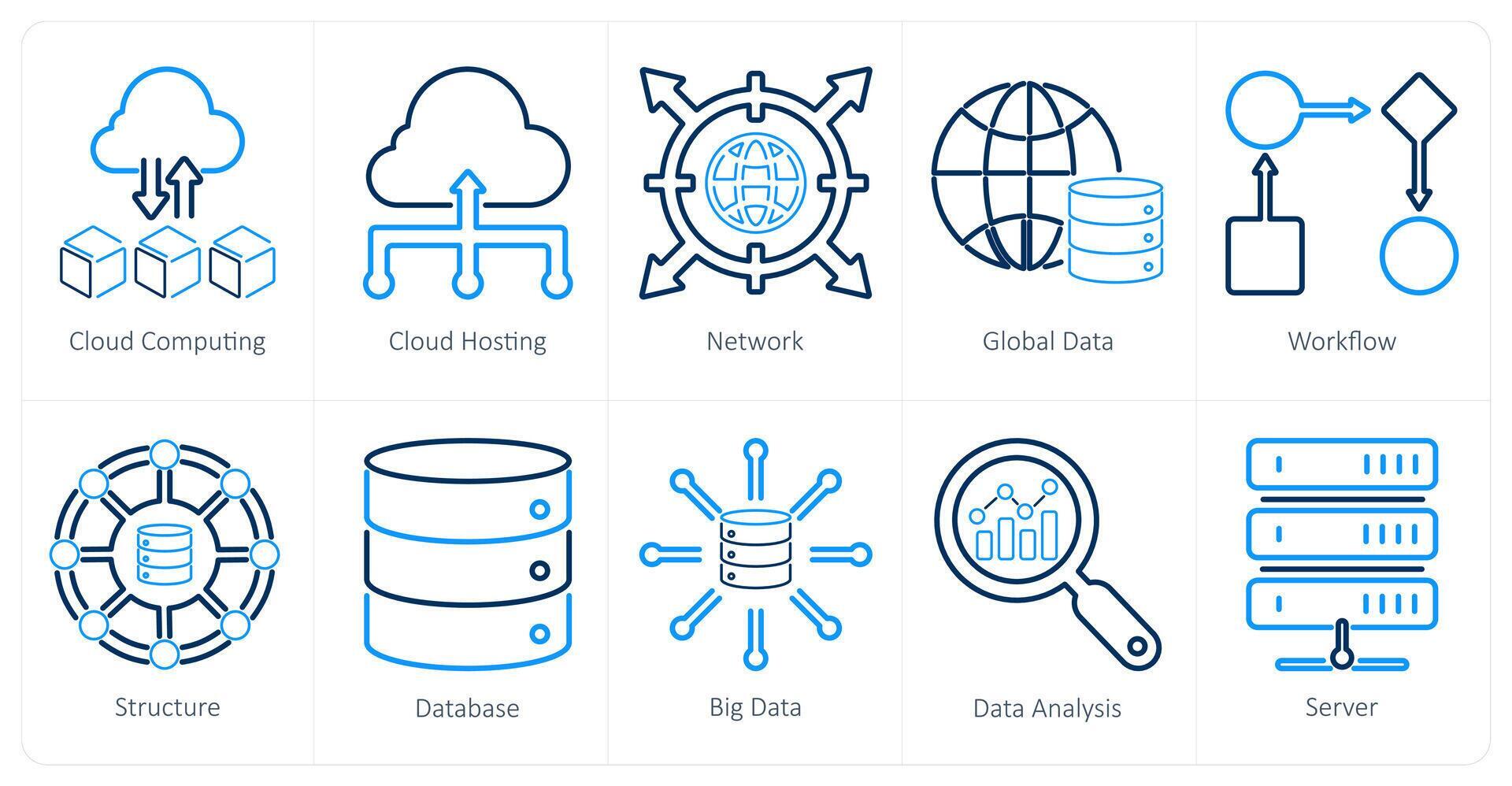 A set of 10 data analytics icons as cloud computing, cloud hosting ...