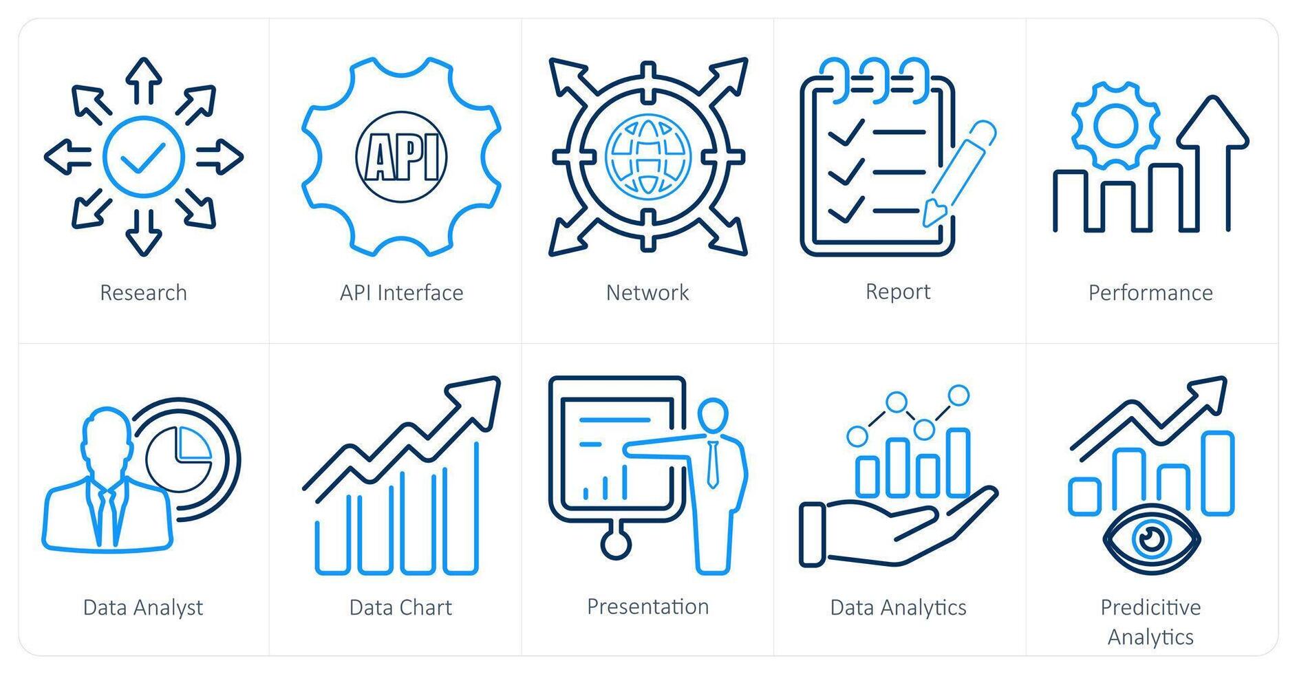 A set of 10 data analytics icons as research, api interface, network ...