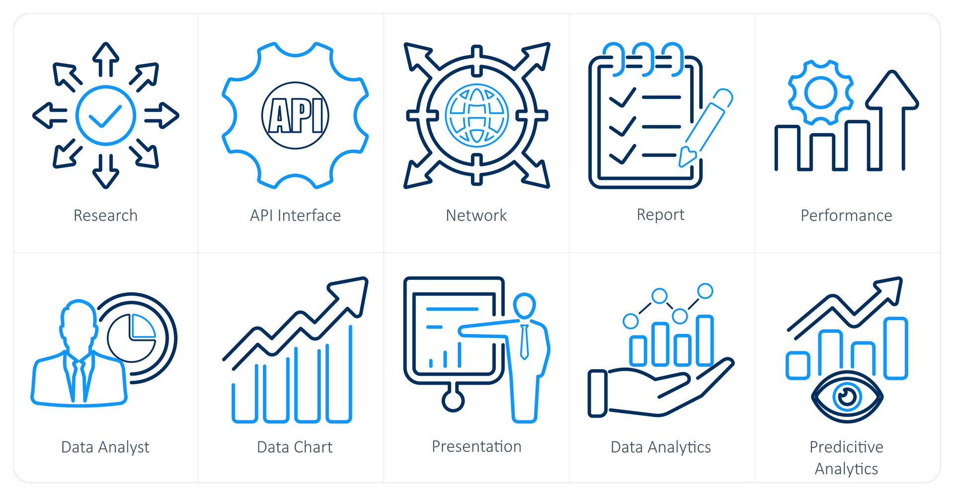 A set of 10 data analytics icons as research, api interface, network ...