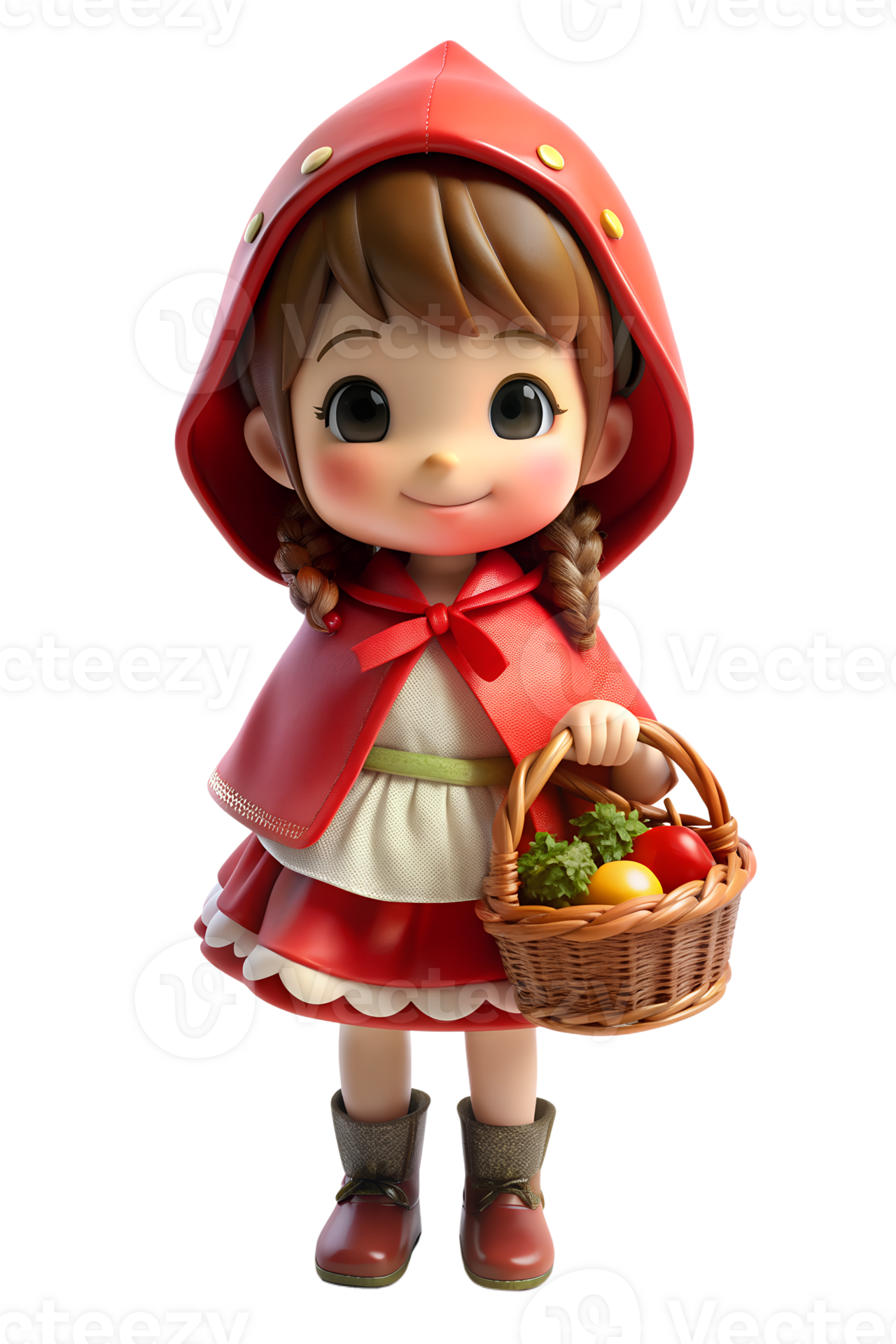 3d Render Kawaii Style A Girl In A Little Red Riding Hood Costume Holding Ac In One Hand