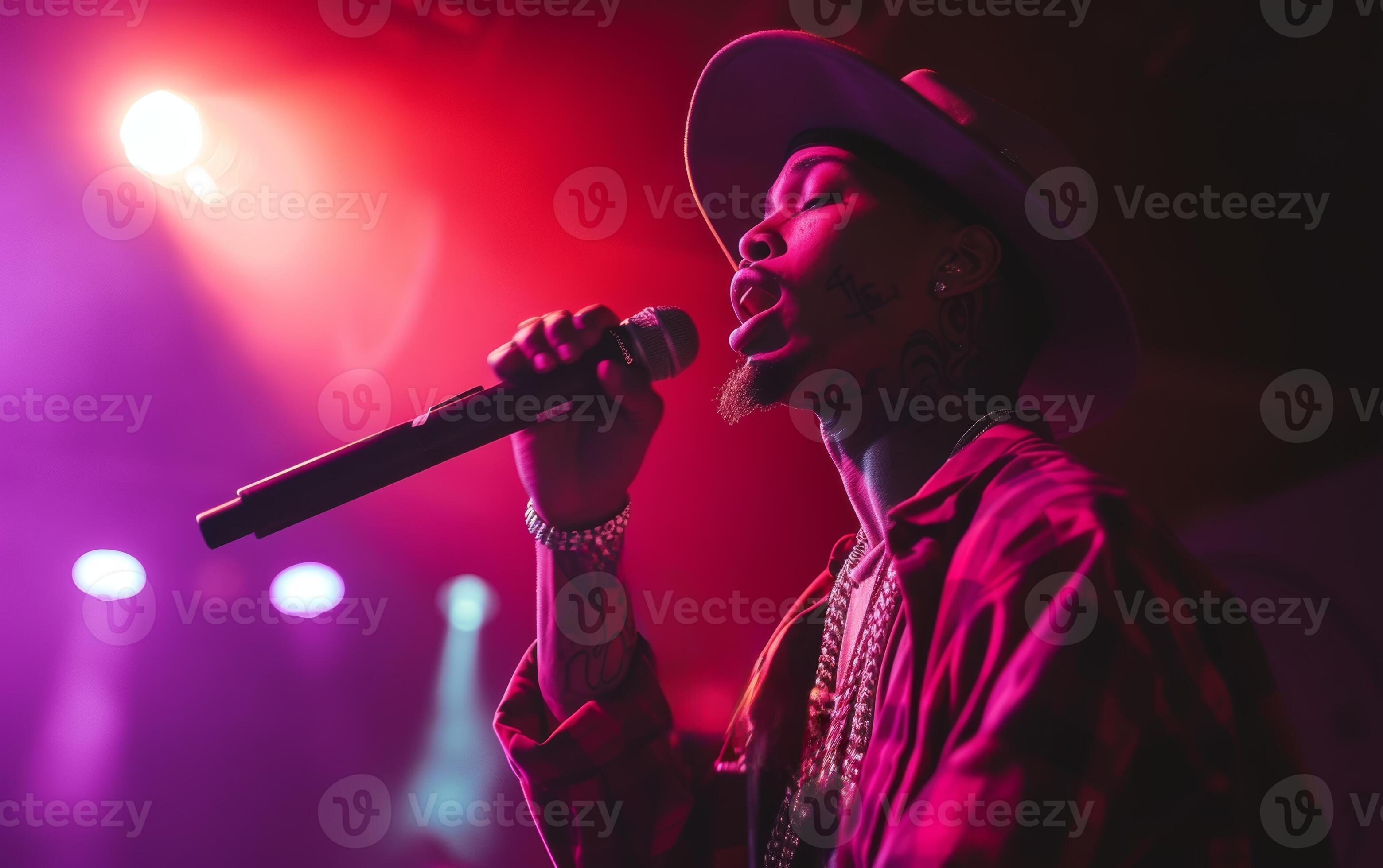 A dynamic rapper delivers a powerful performance on stage, illuminated ...