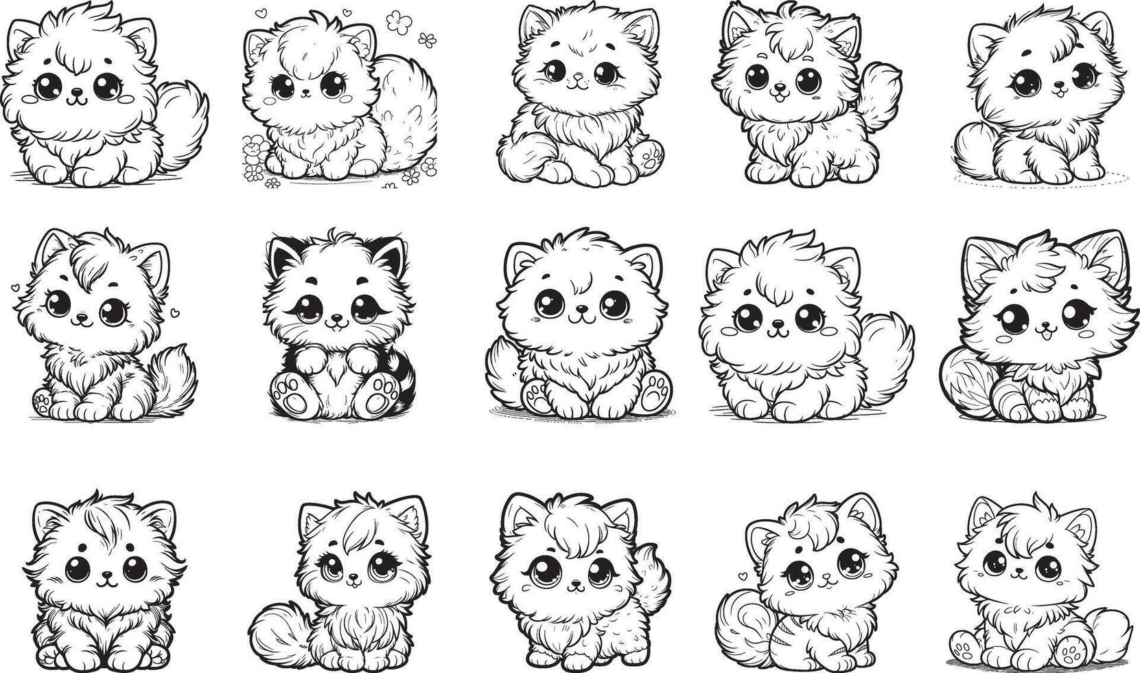 Set of fluffy kittens for kid's colouring book page. Children's Black ... Set of fluffy kittens for kid's colouring book page. Children's Black ...