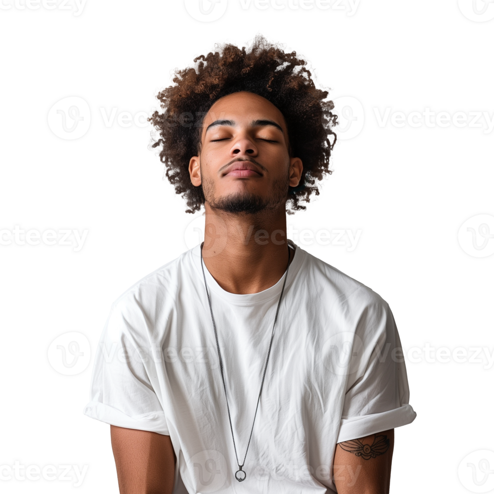 Serene young man with curly hair meditating peacefully 43974768 PNG