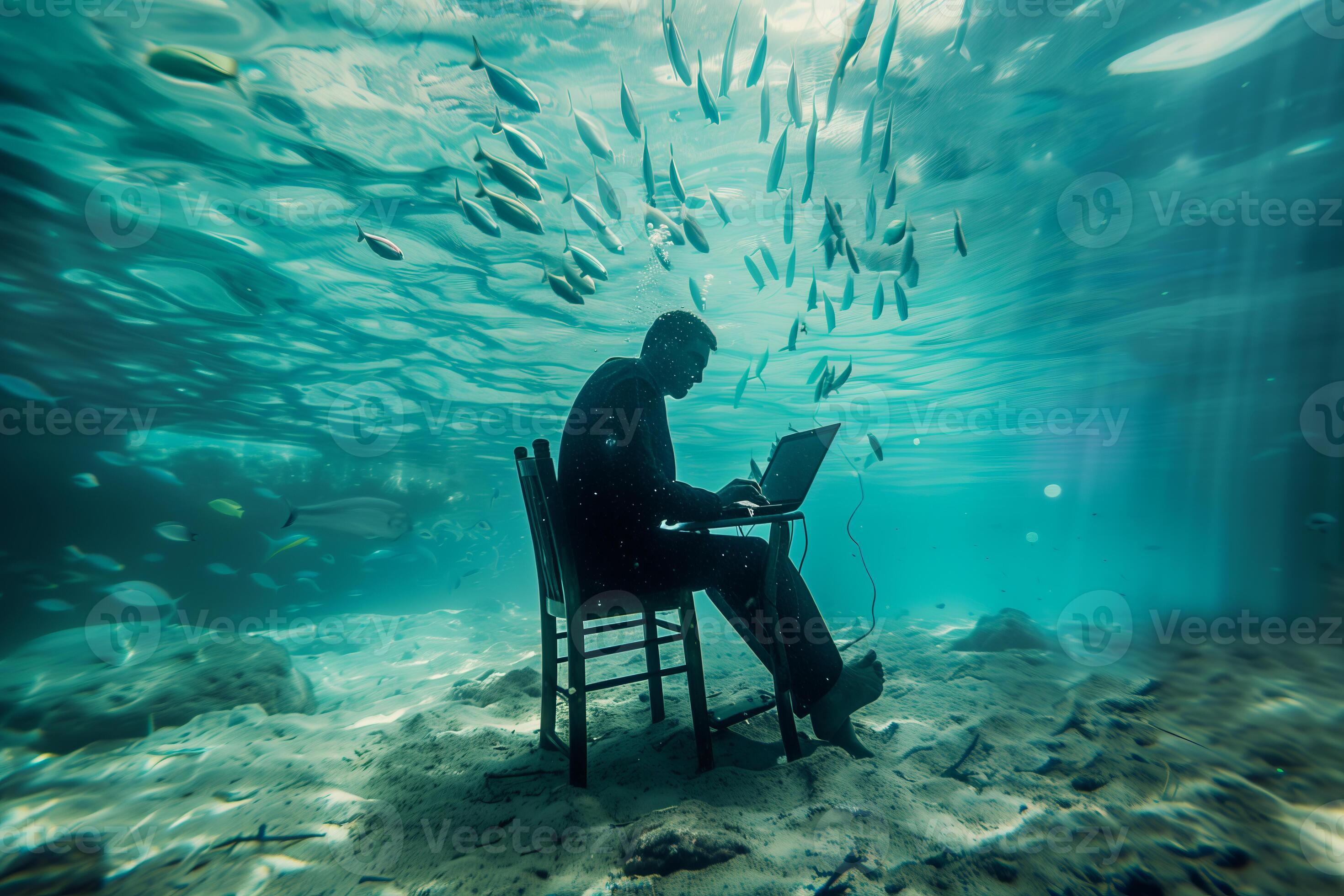 Man on a chair working on a laptop underwater theme of freelancing ...
